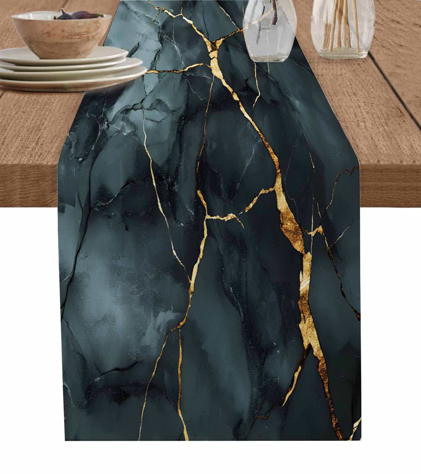 Boanket Black Teal Marble Table Runner - 60 Inch Long, Kitchen Dining ...