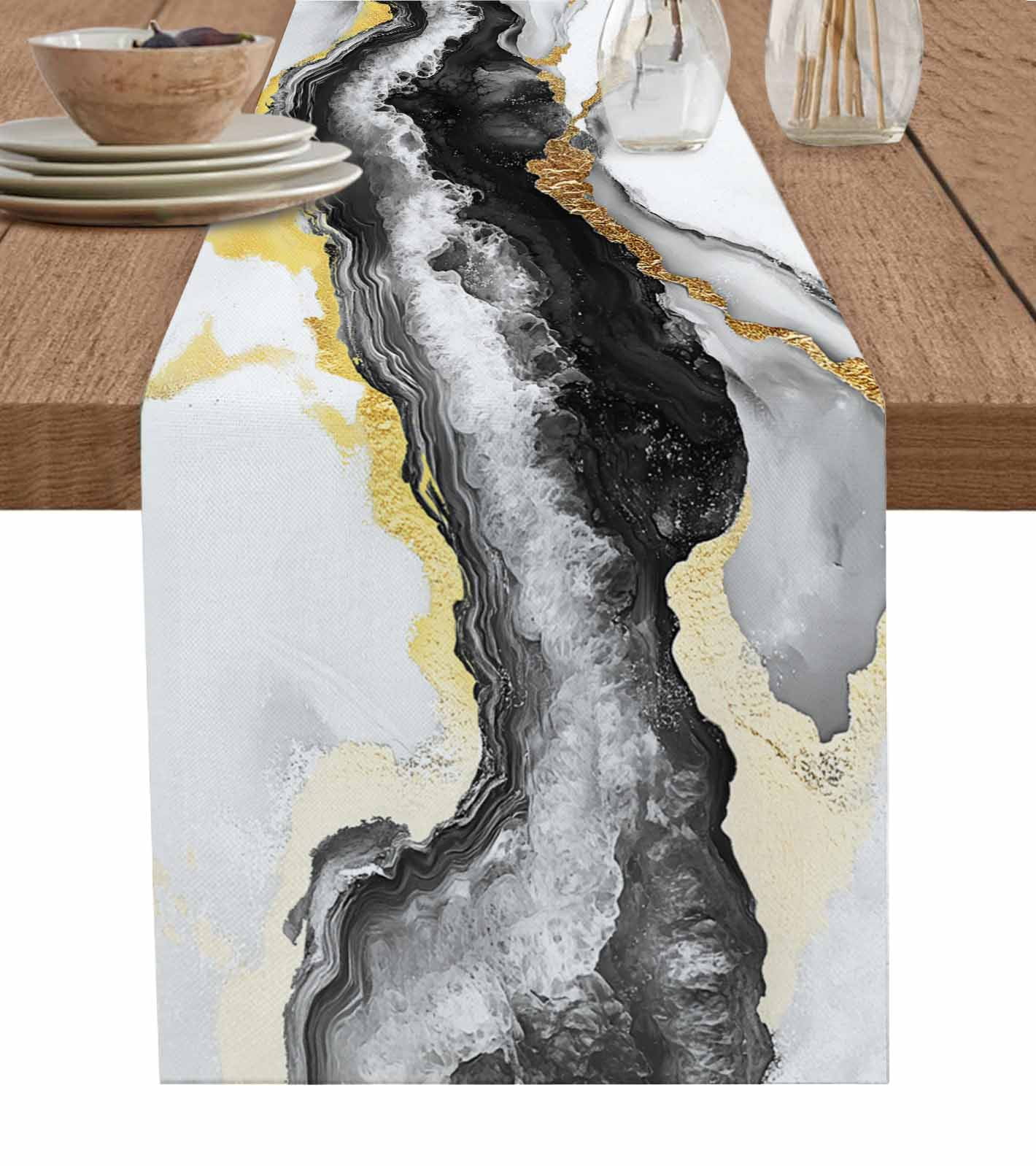 Boanket Black White Marble Table Runner - 60 Inch Long, Kitchen Dining ...