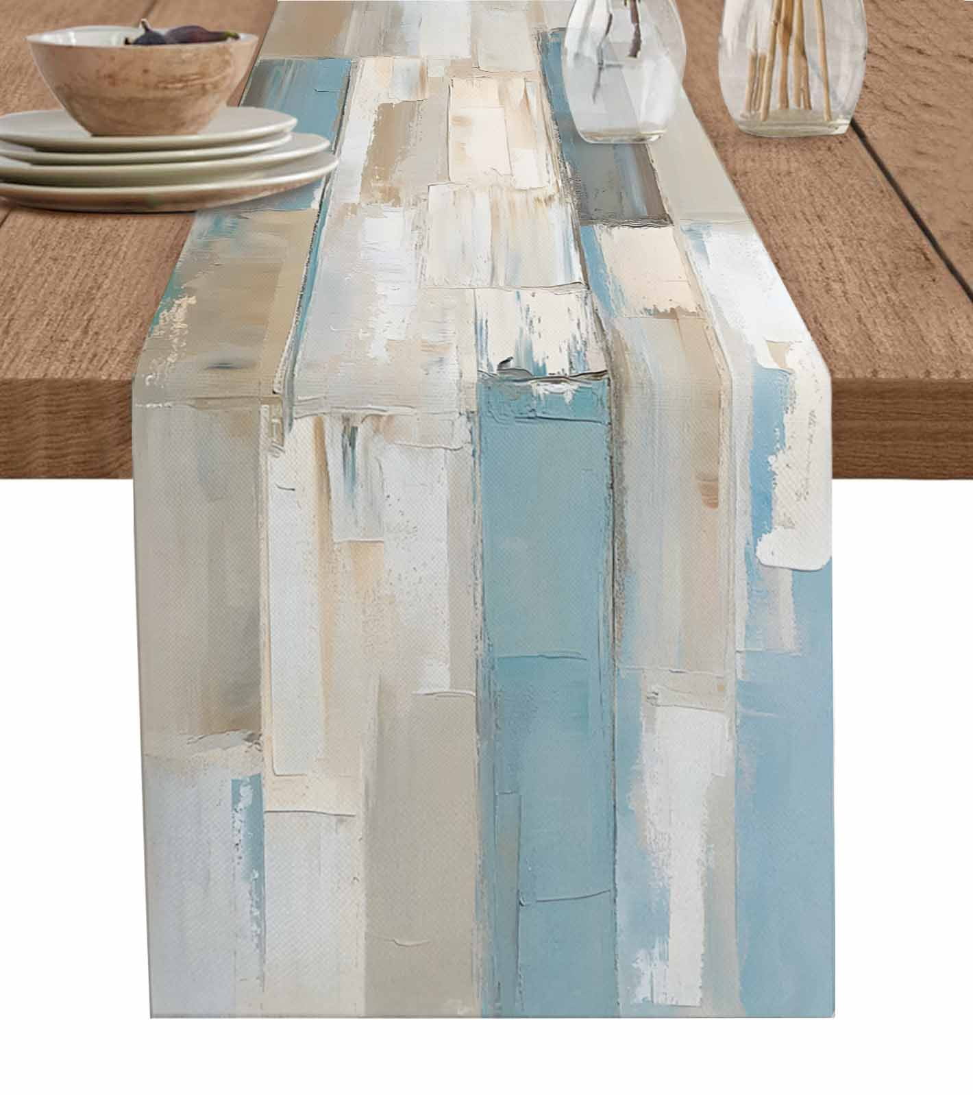 Boanket Blue Beige Color Blocks Table Runner - 120 Inch Long, Kitchen ...