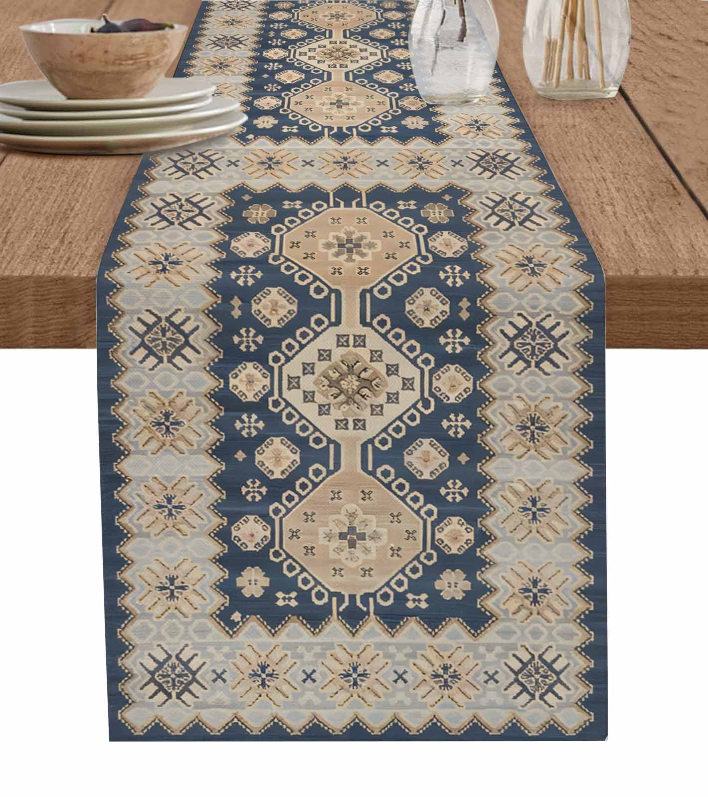 Boanket Blue Beige Geometric Table Runner - 60 Inch Long, Kitchen ...