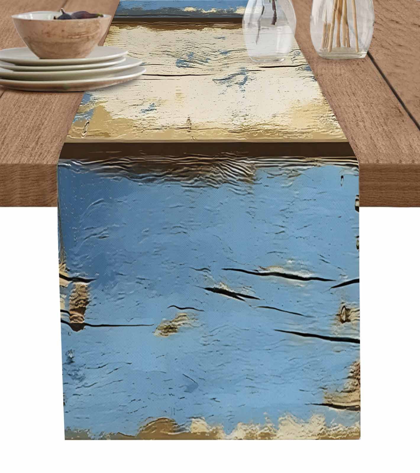 Boanket Blue Beige Wood Grain Table Runner - 72 Inch Long, Kitchen ...