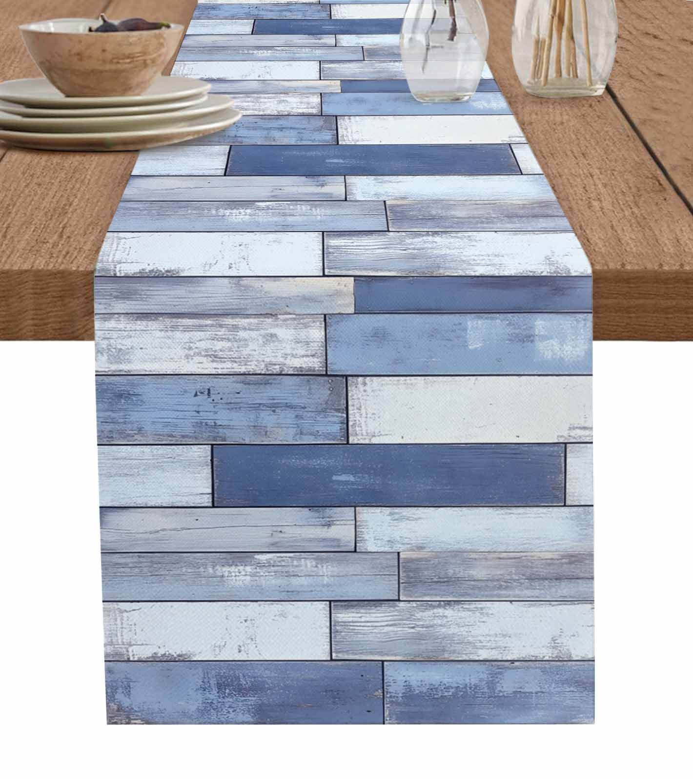 Boanket Blue Beige Wooden Table Runner - 36 Inch Long, Kitchen Dining ...