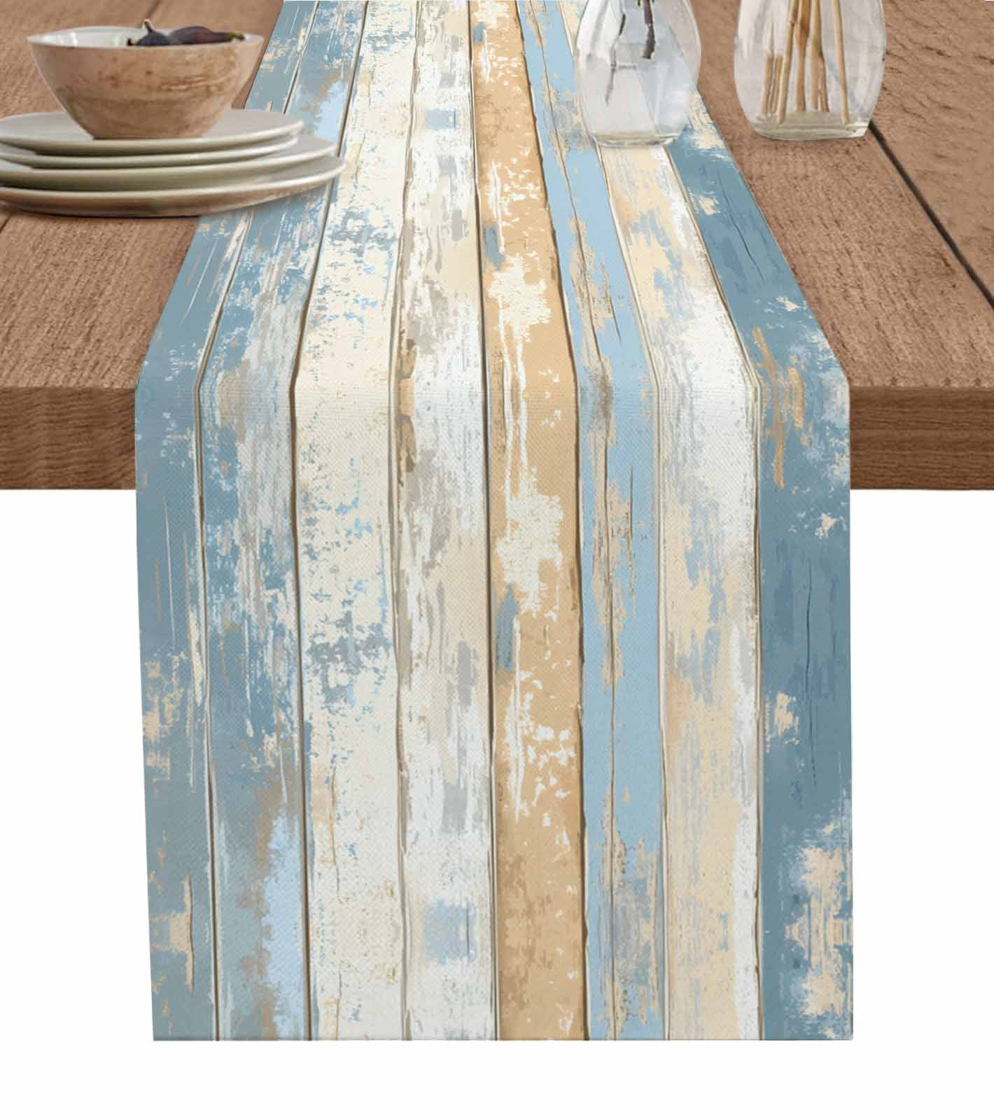 Boanket Blue Beige Wooden Table Runner - 60 Inch Long, Kitchen Dining ...