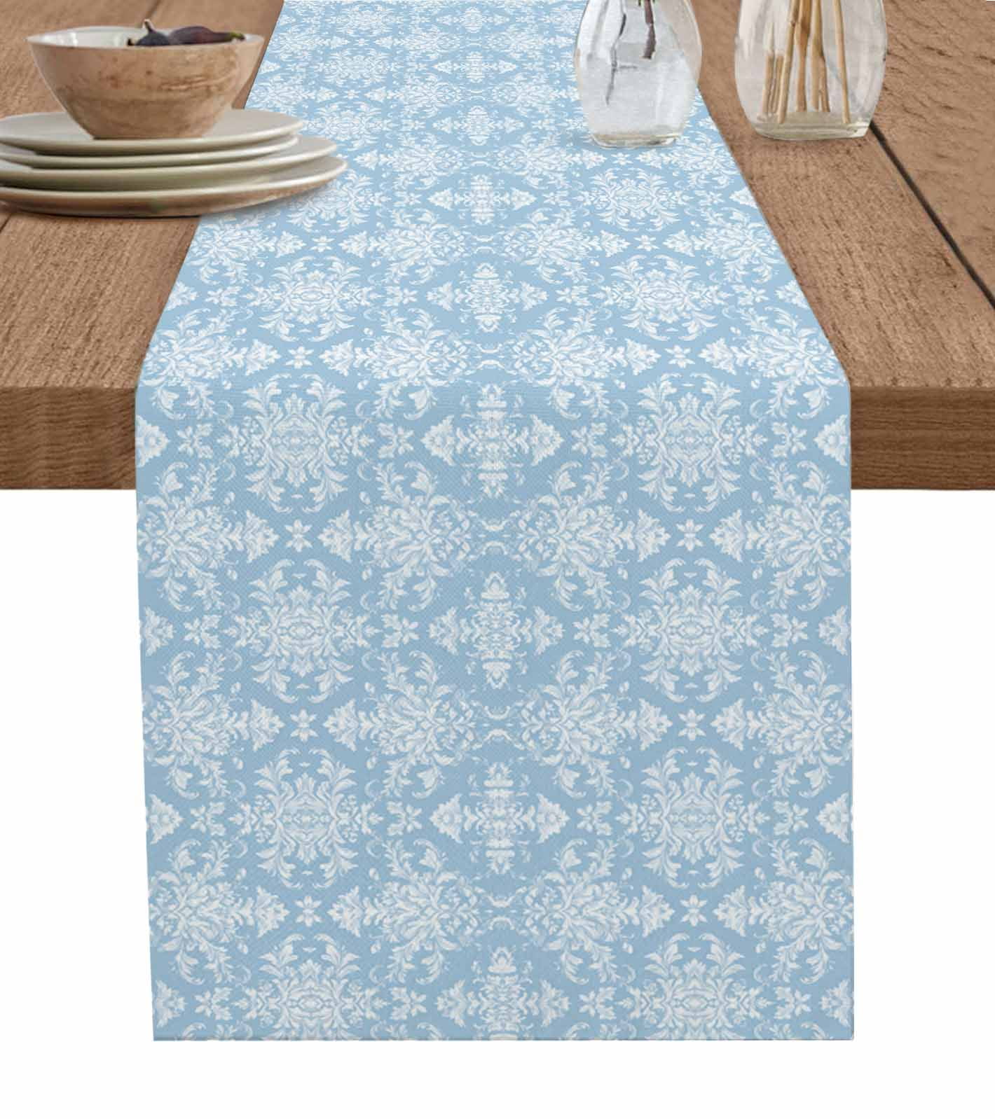 Boanket Blue Boho Floral Table Runner - 48 Inch Long, Kitchen Dining ...