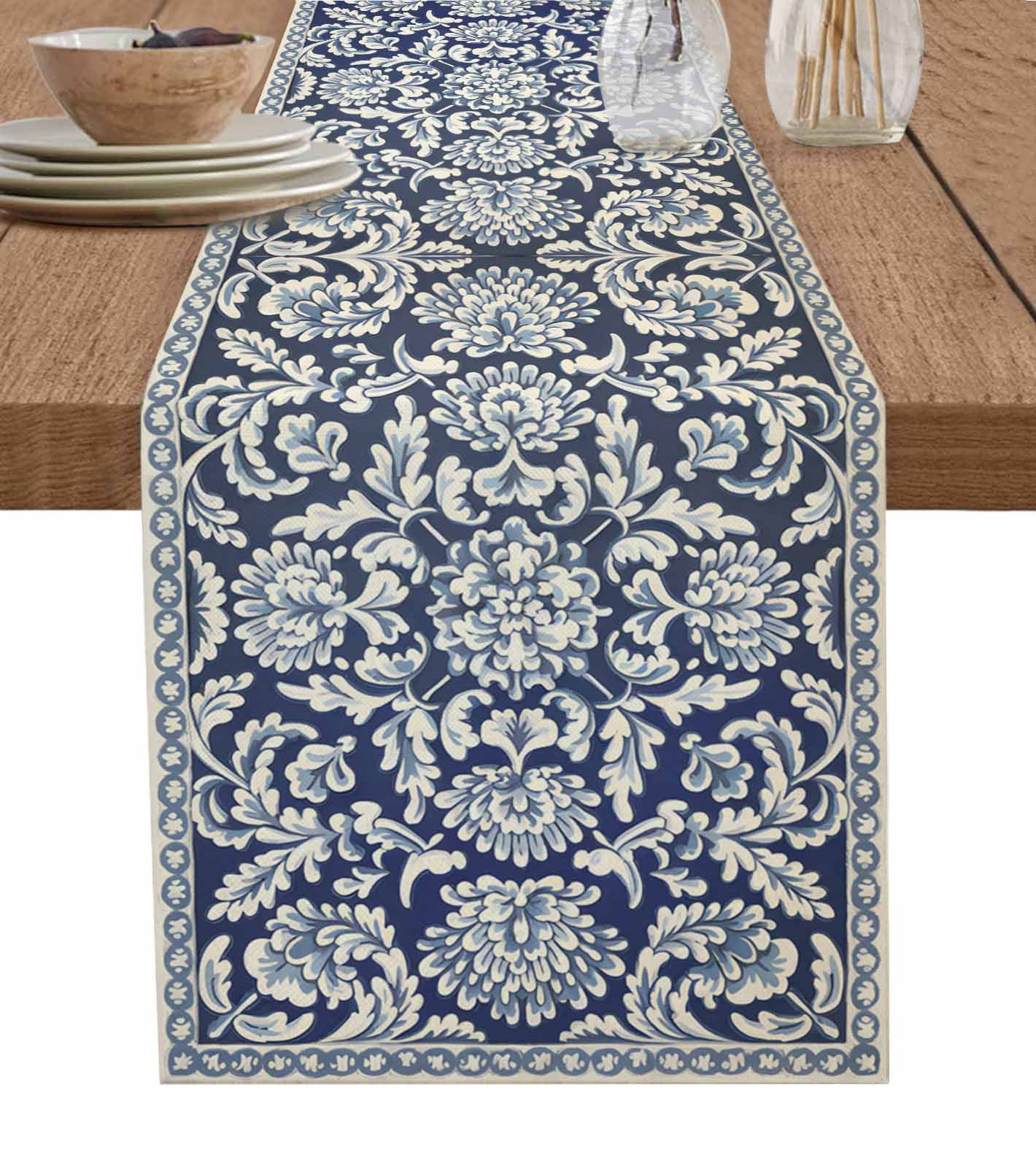 Boanket Blue Boho Flower Table Runner - 90 Inch Long, Kitchen Dining ...
