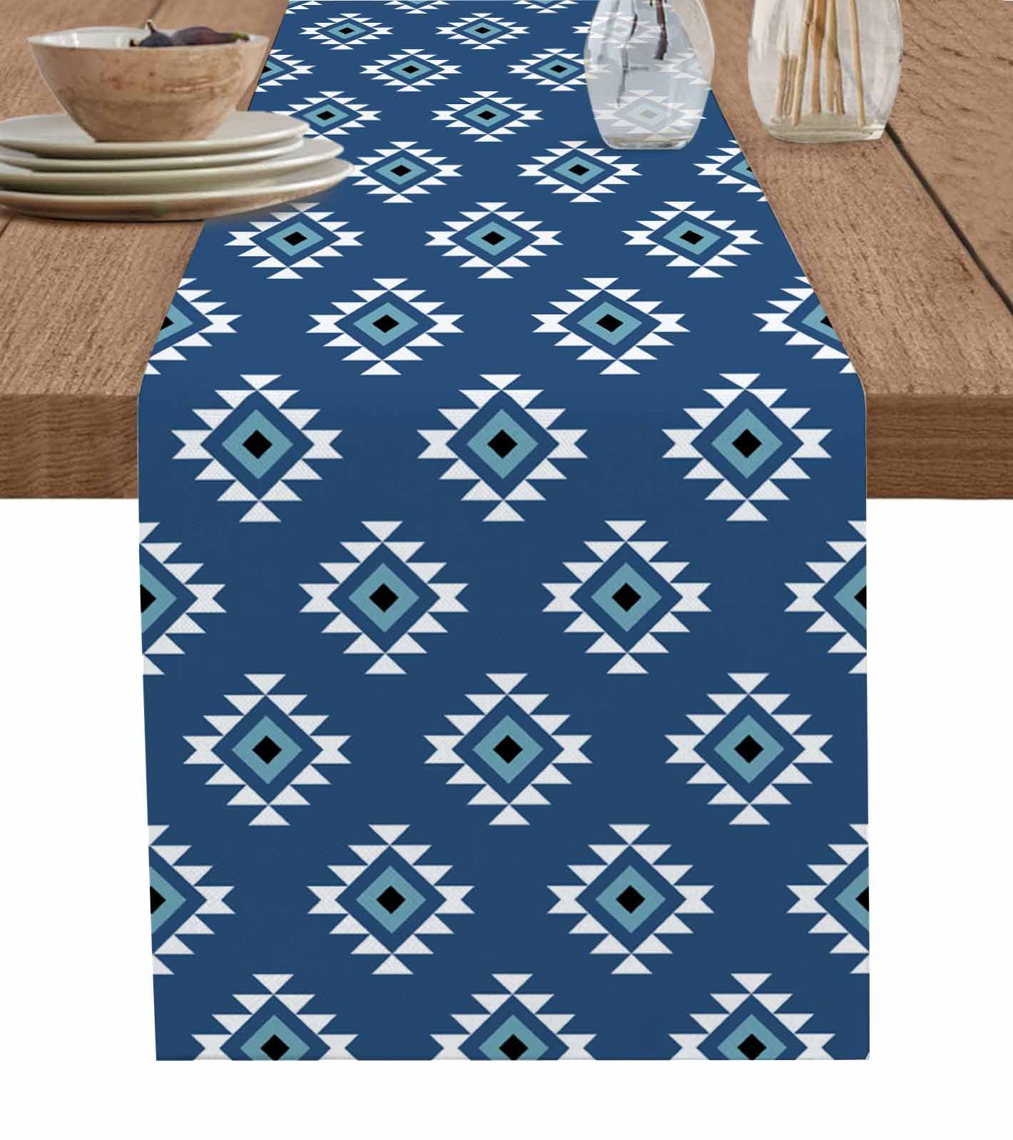 Boanket Blue Boho Geometric Table Runner - 60 Inch Long, Kitchen Dining ...