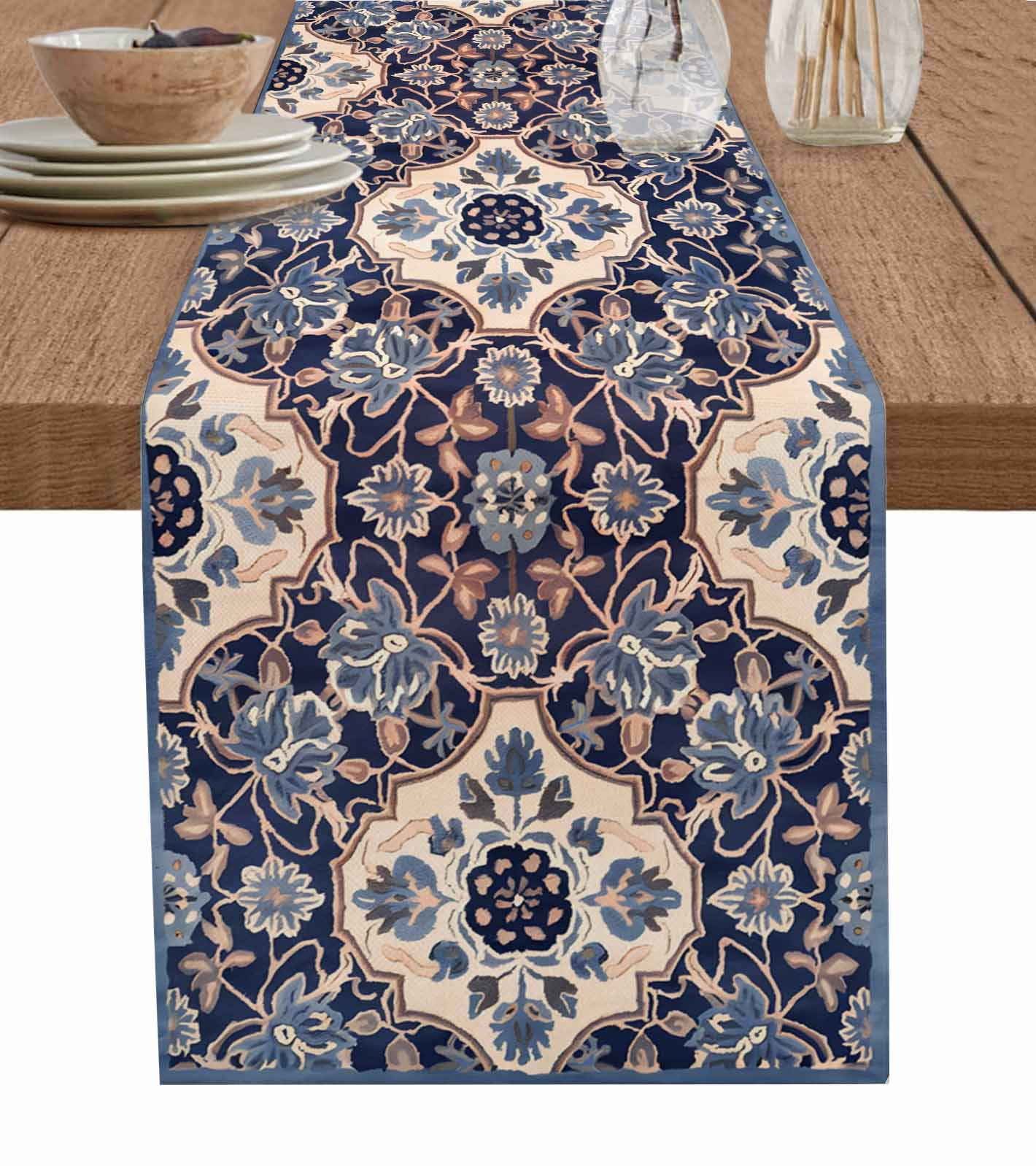 Boanket Blue Boho Table Runner - 120 Inch Long, Kitchen Dining Table ...