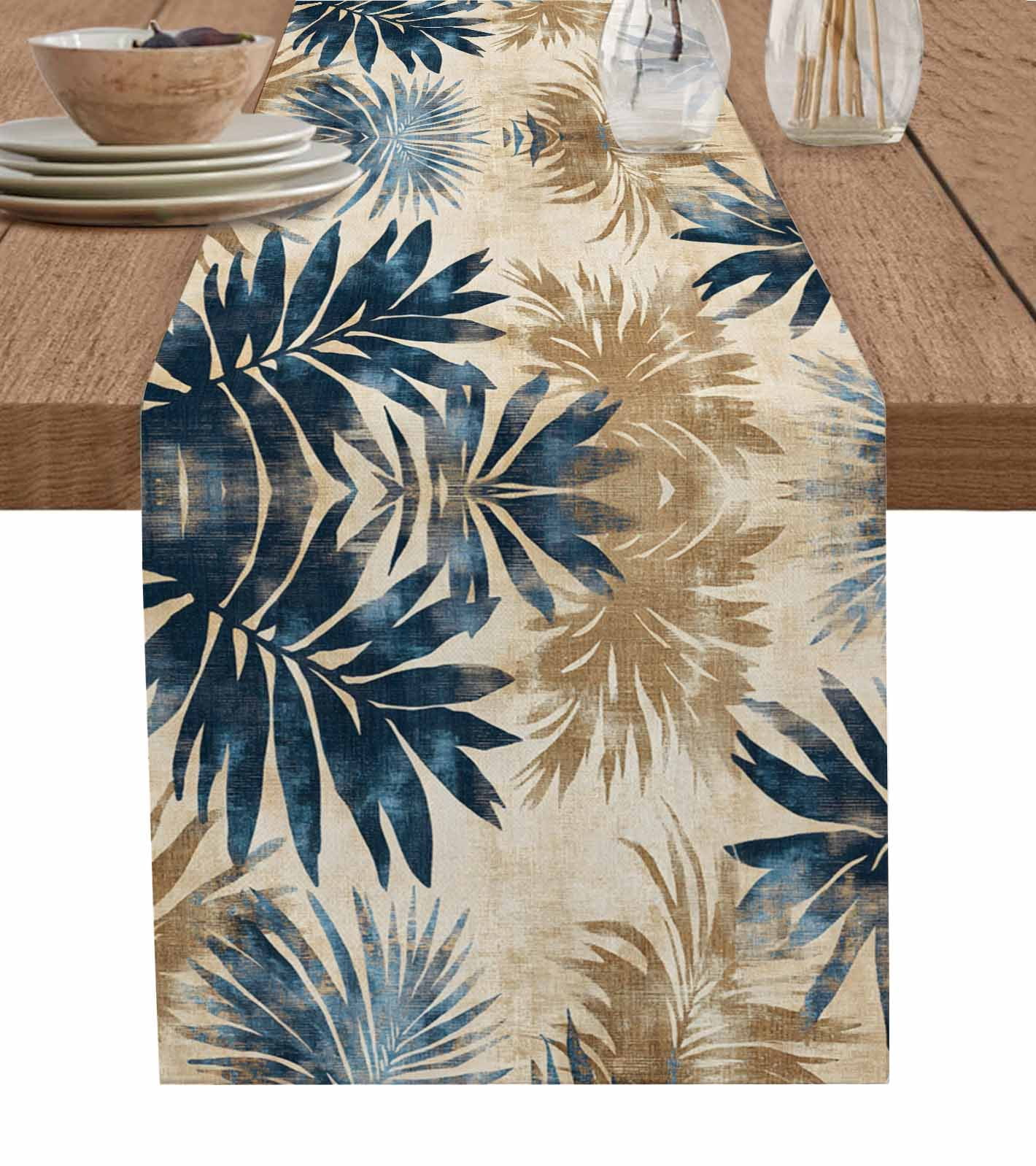 Boanket Blue Brown Palm Leaf Table Runner - 108 Inch Long, Kitchen ...