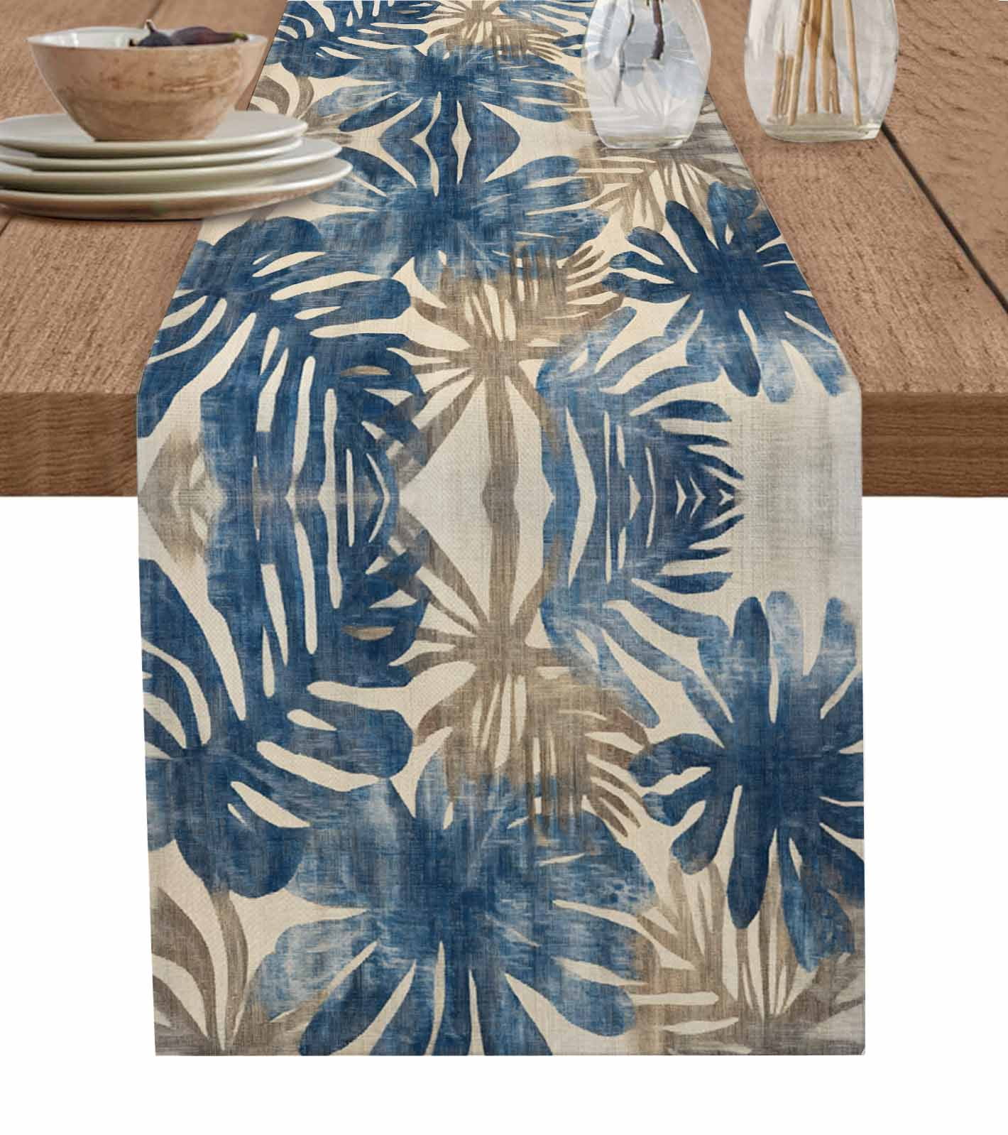 Boanket Blue Brown Palm Leaf Table Runner - 108 Inch Long, Kitchen ...