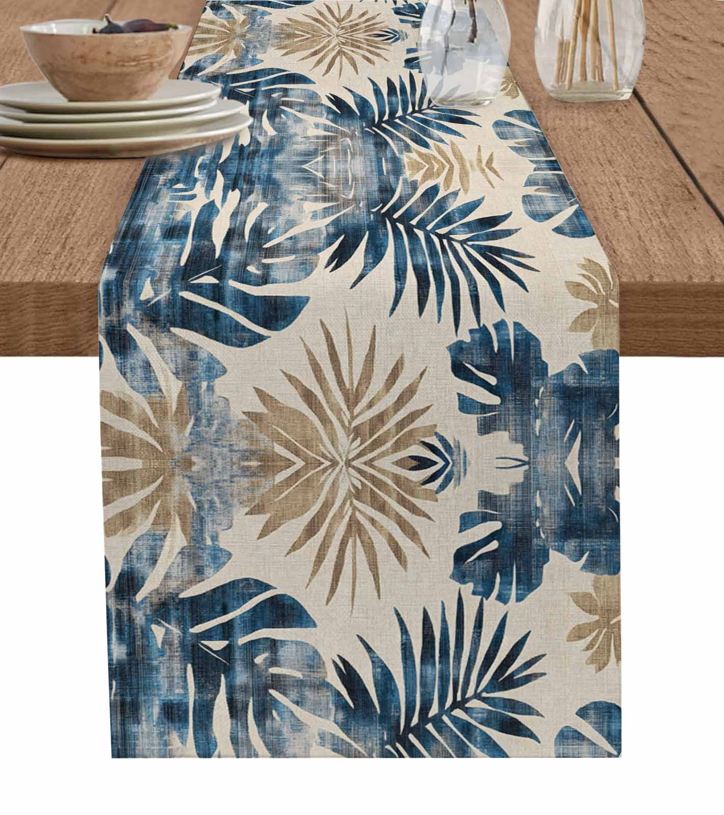 Boanket Blue Brown Palm Leaf Table Runner - 36 Inch Long, Kitchen ...