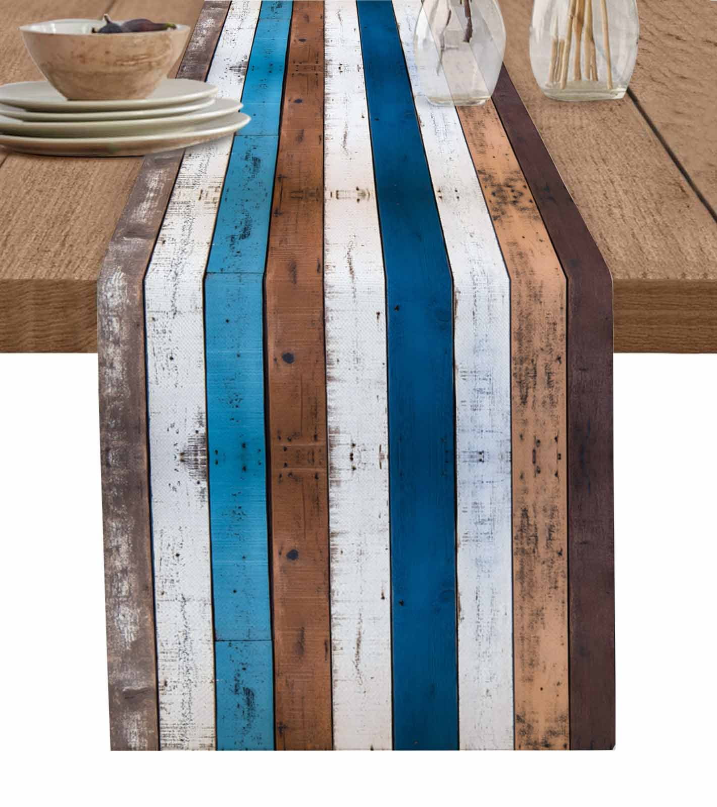 Boanket Blue Brown White Wooden Table Runner - 60 Inch Long, Kitchen ...