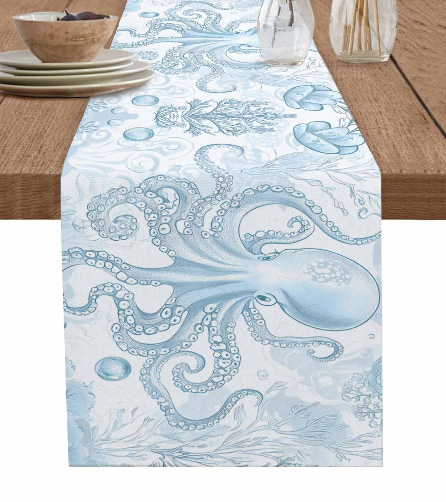 Boanket Blue Coastal Octopus Table Runner - 70 Inch Long, Kitchen ...