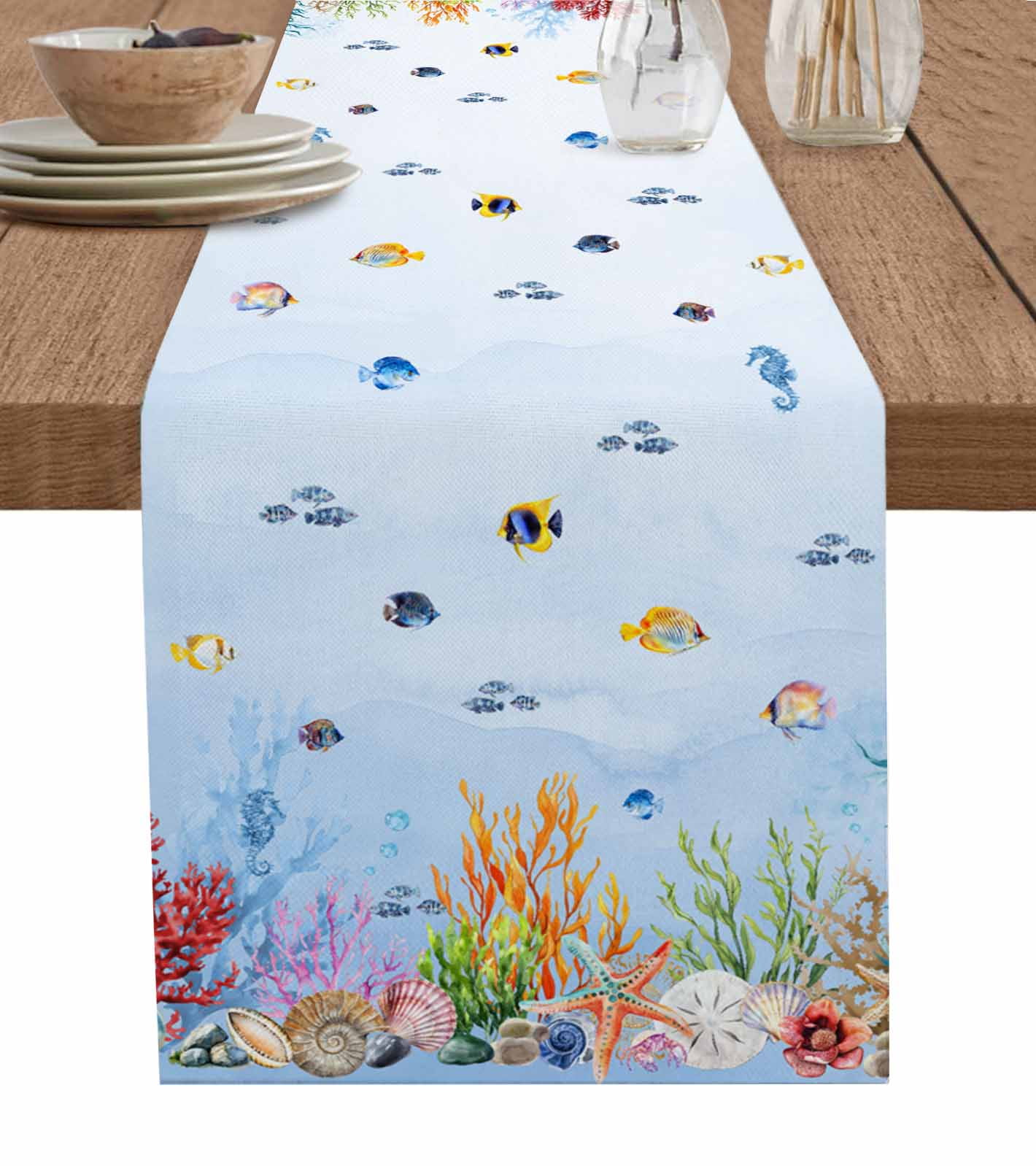 Boanket Blue Coastal Table Runner - 90 Inch Long, Kitchen Dining Table ...
