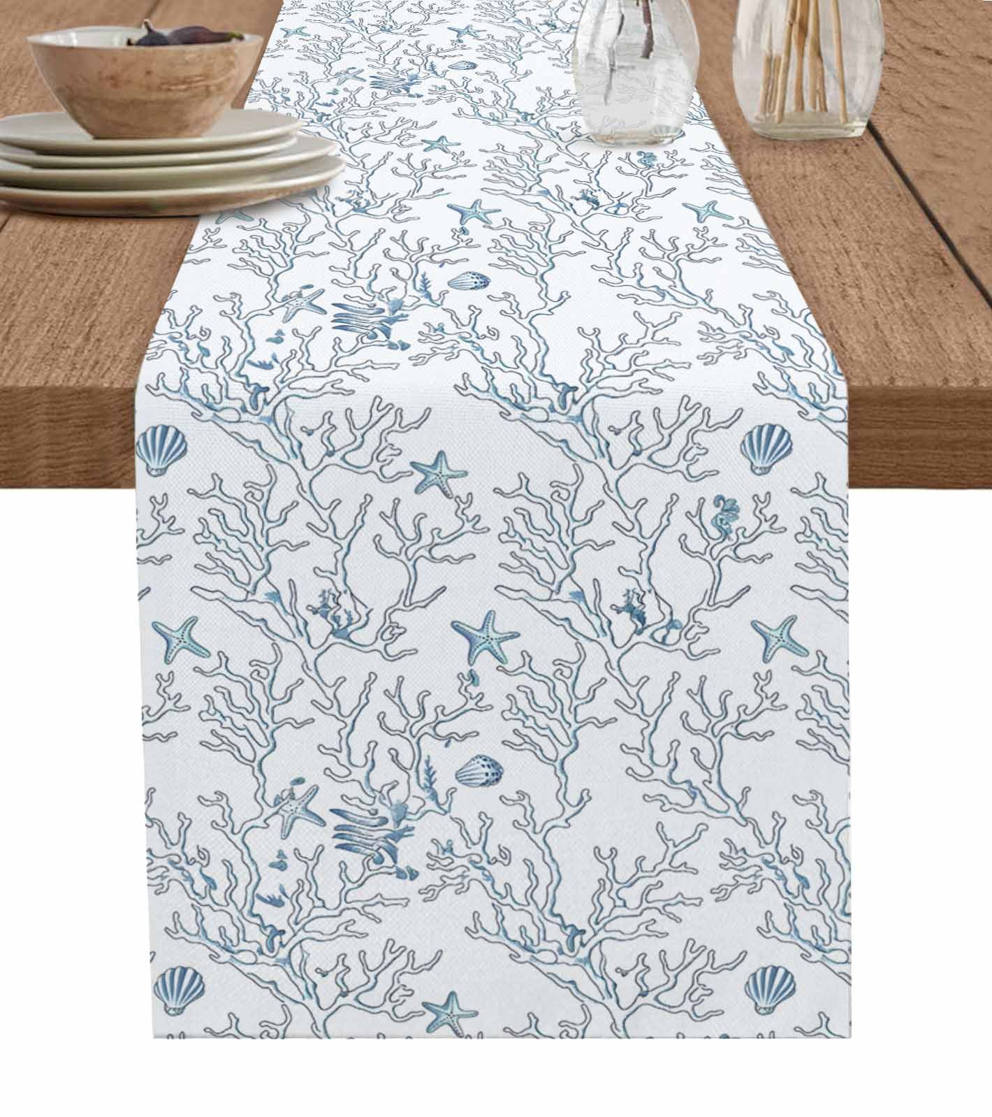 Boanket Blue Coral Coastal Table Runner - 108 Inch Long, Kitchen Dining ...