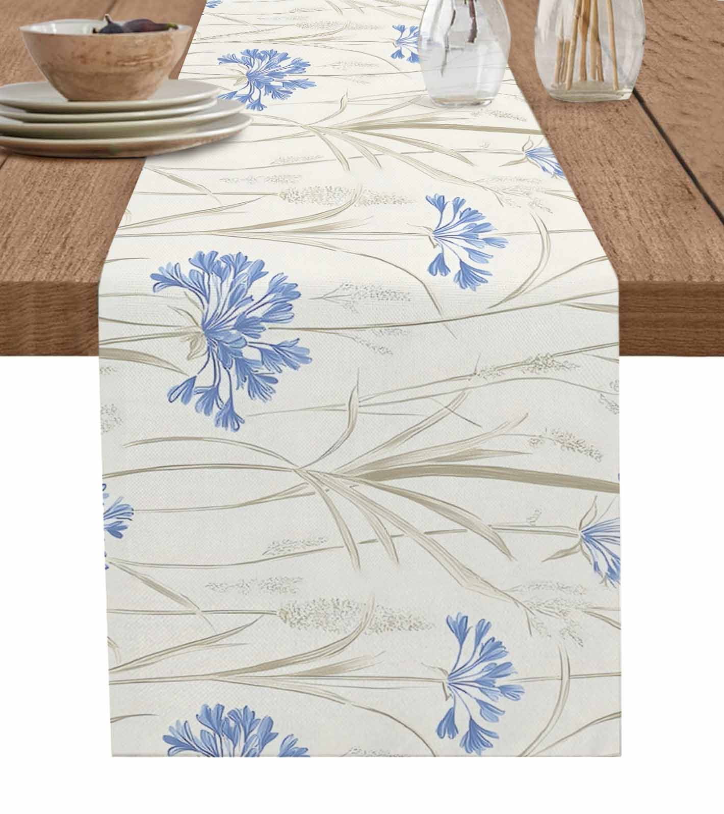 Boanket Blue Floral Leaves Table Runner - 90 Inch Long, Kitchen Dining ...