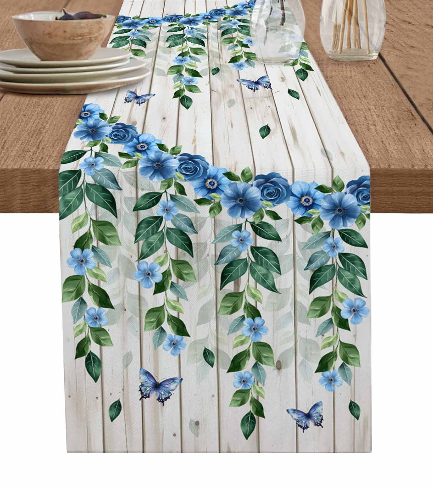 Boanket Blue Floral Spring Table Runner - 108 Inch Long, Kitchen Dining ...