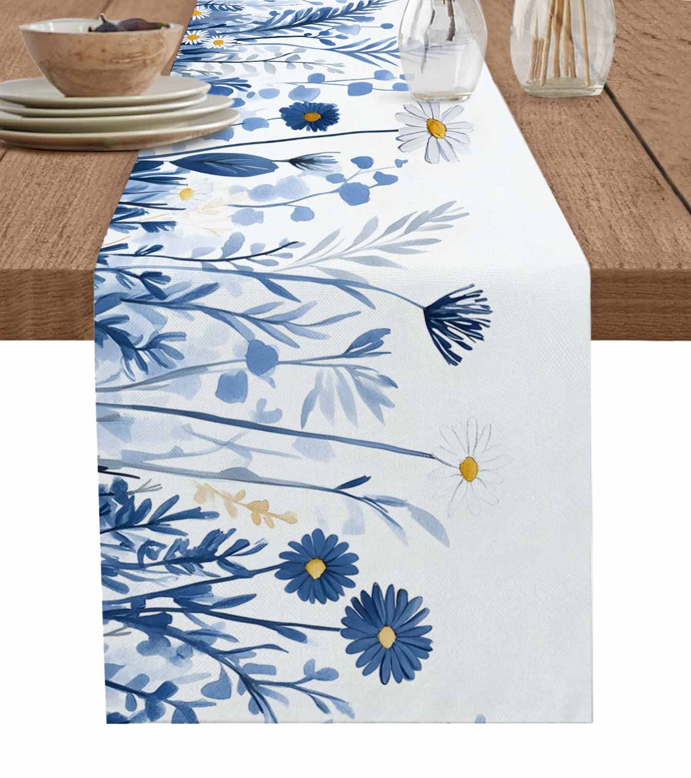 Boanket Blue Floral Spring Table Runner - 70 Inch Long, Kitchen Dining ...