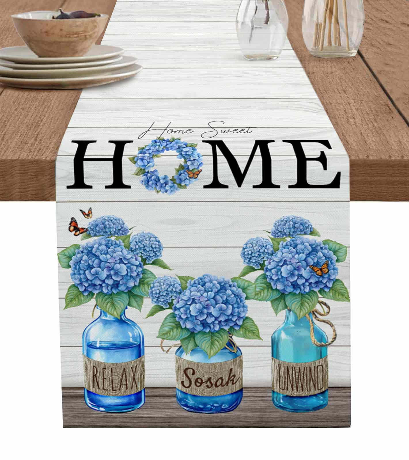 Boanket Blue Flower Table Runner - 108 Inch Long, Kitchen Dining Table ...