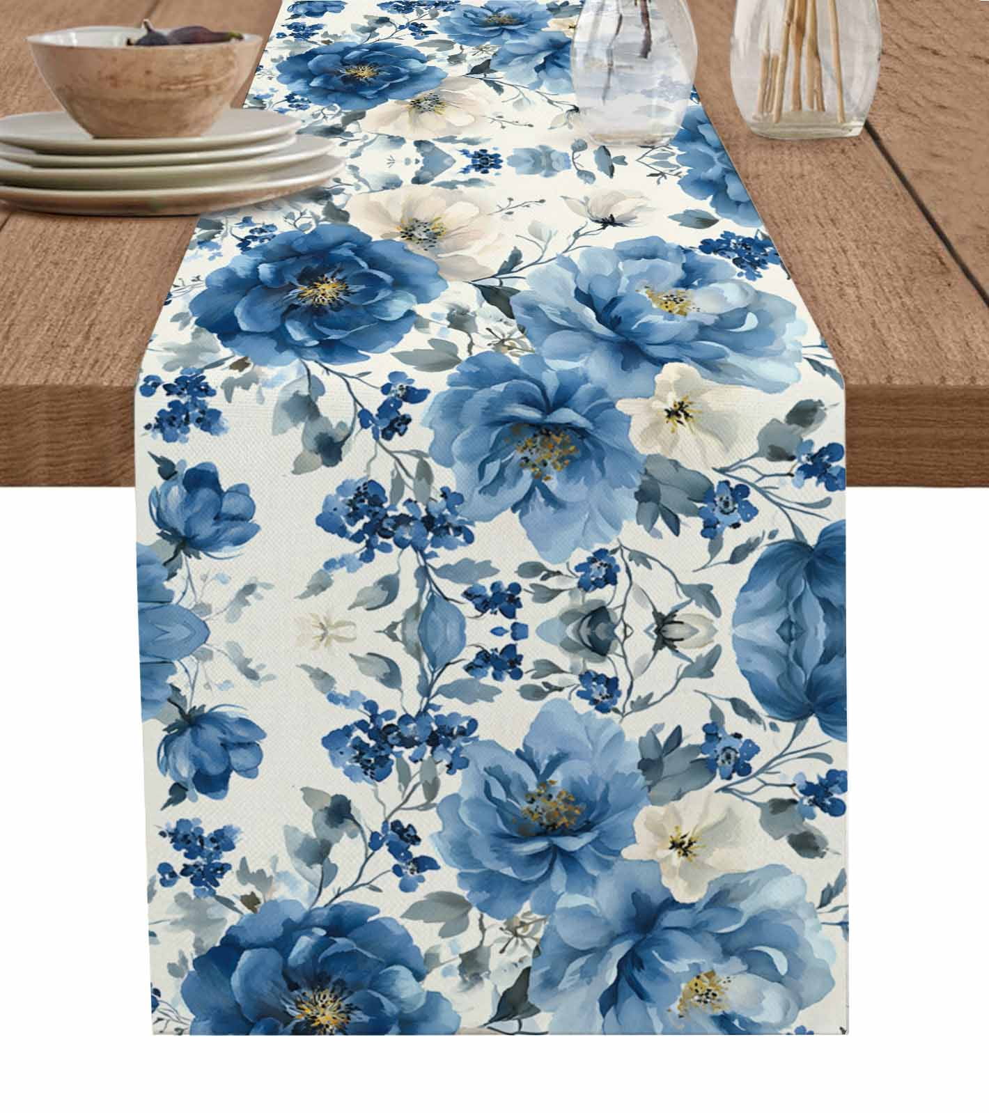 Boanket Blue Flower Table Runner - 108 Inch Long, Kitchen Dining Table ...