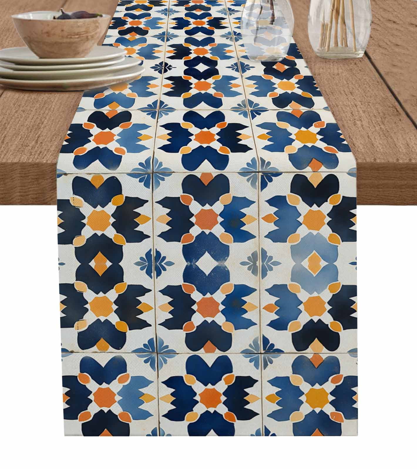 Boanket Blue Geometric Table Runner - 48 Inch Long, Kitchen Dining ...