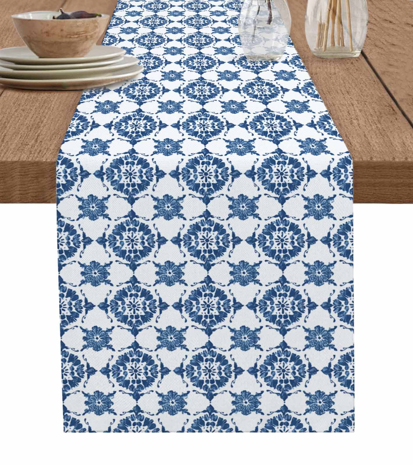 Boanket Blue Geometric Table Runner - 70 Inch Long, Kitchen Dining ...