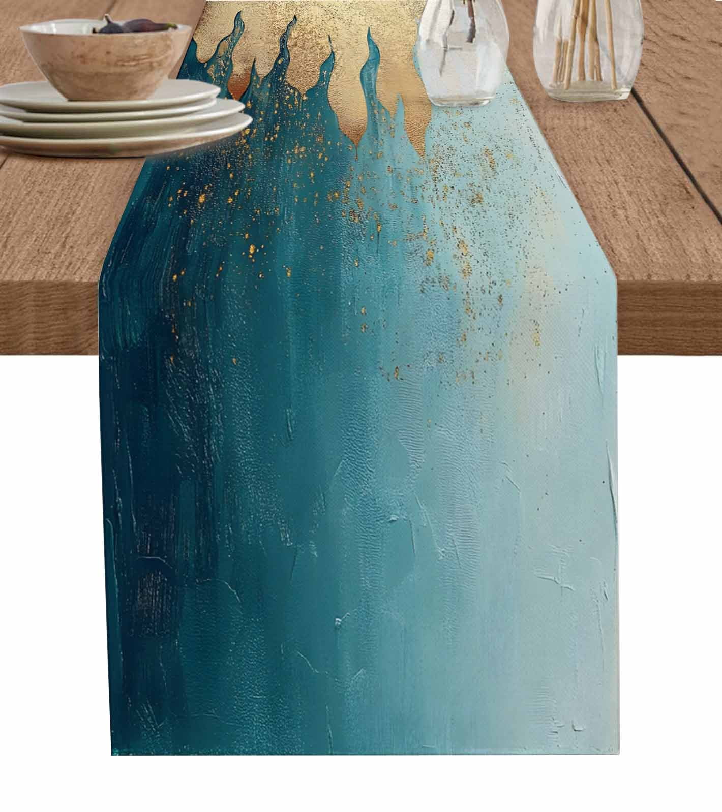 Boanket Blue Gold Table Runner - 48 Inch Long, Kitchen Dining Table ...