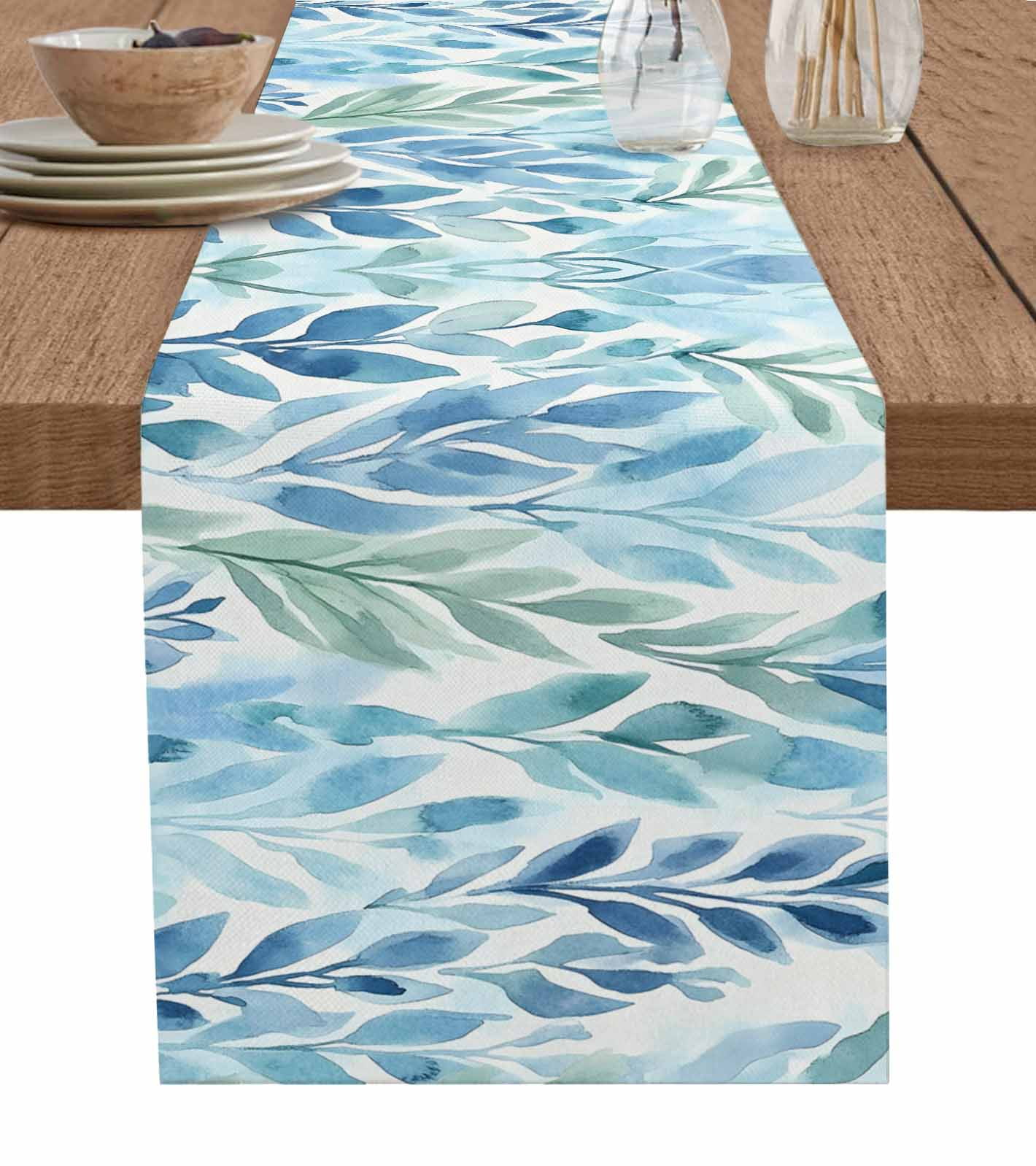 Boanket Blue Green Leaf Table Runner - 70 Inch Long, Kitchen Dining ...