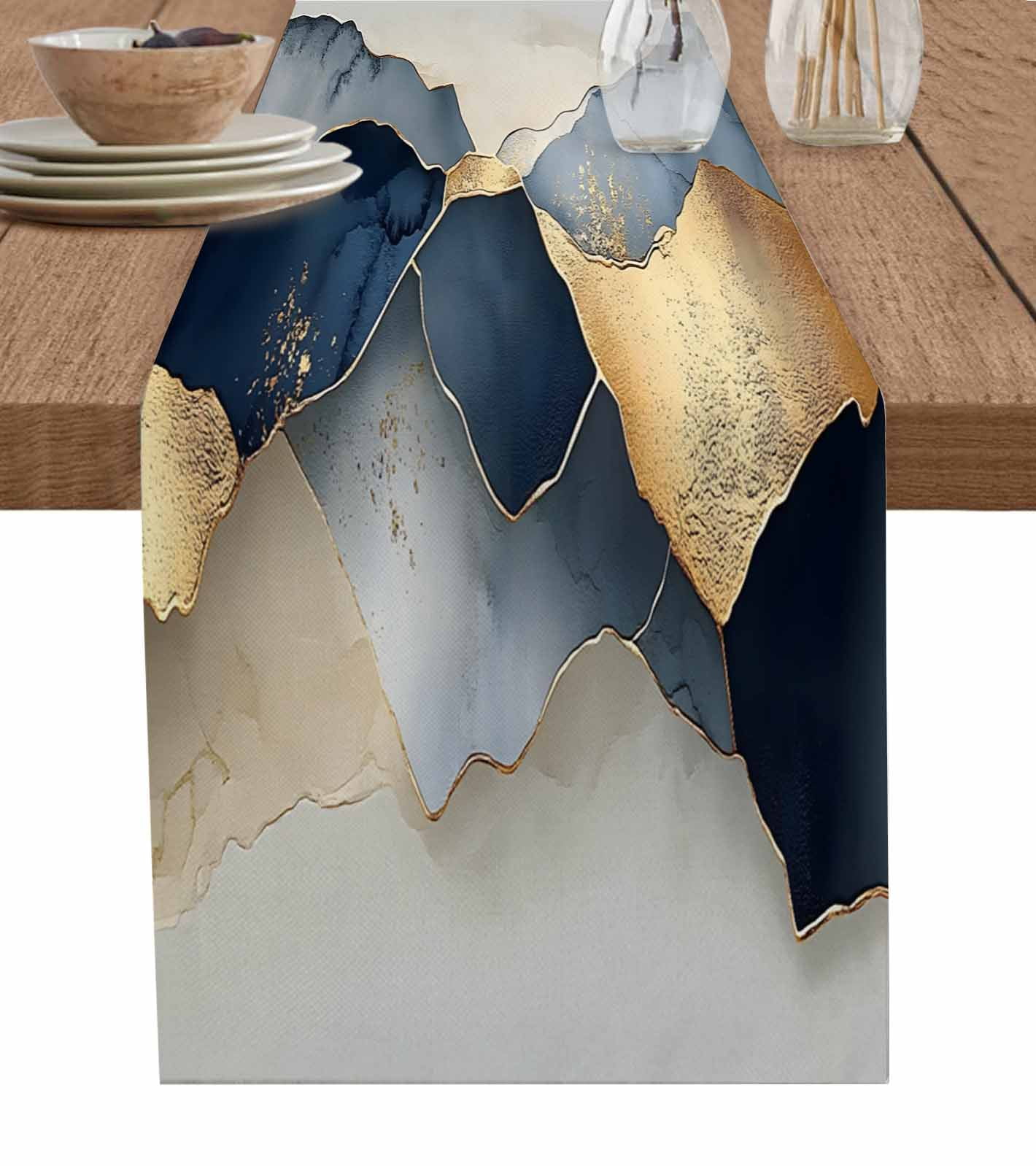 Boanket Blue Marble Table Runner - 108 Inch Long, Kitchen Dining Table ...