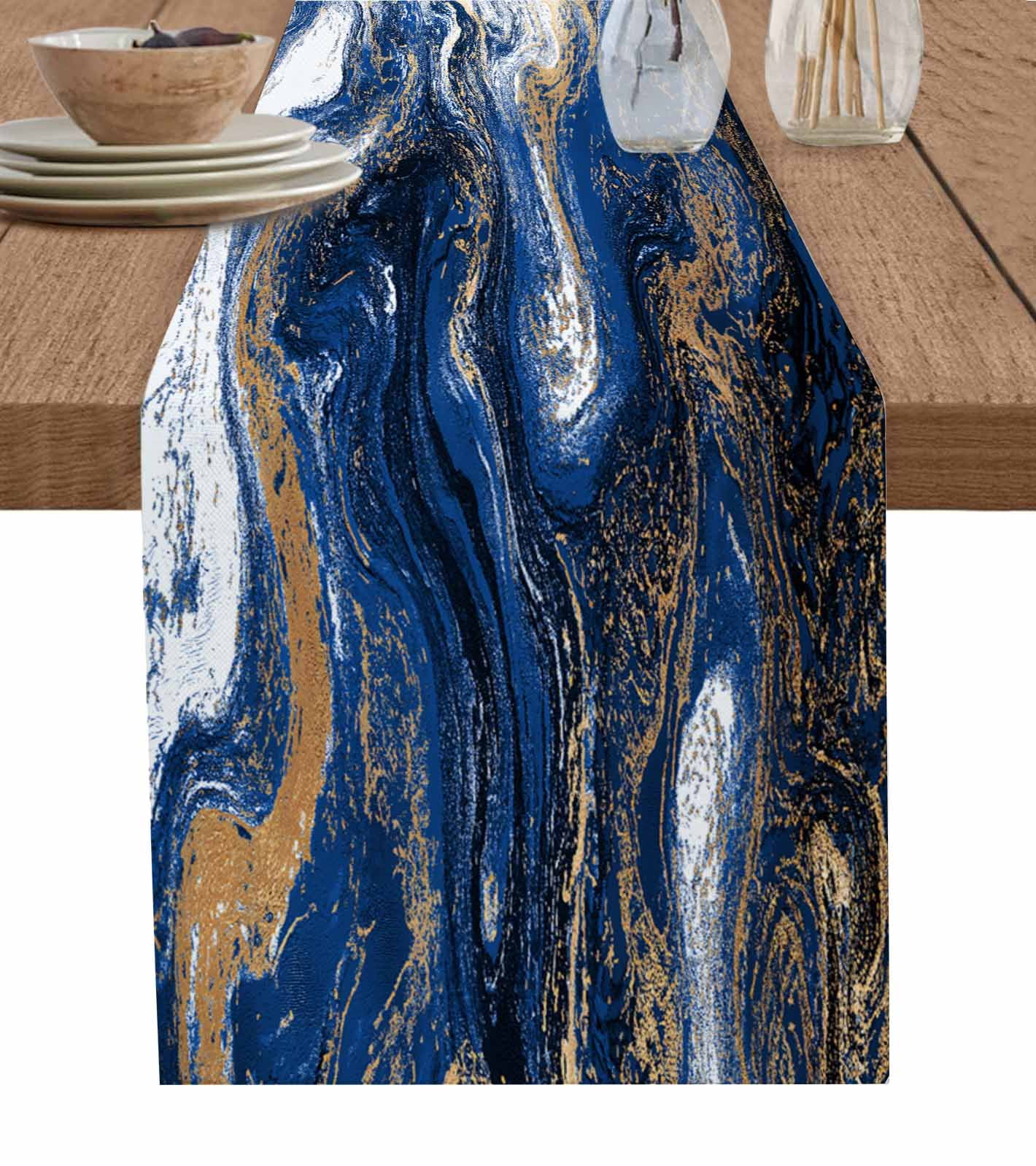 Boanket Blue Marble Table Runner - 36 Inch Long, Kitchen Dining Table ...