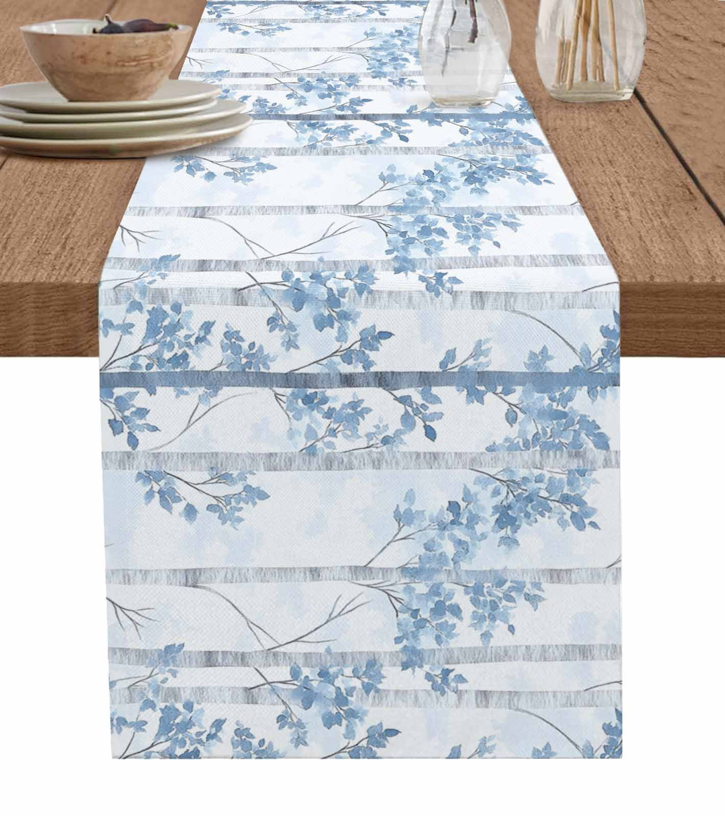 Boanket Blue Ombre Leaves Table Runner - 60 Inch Long, Kitchen Dining ...