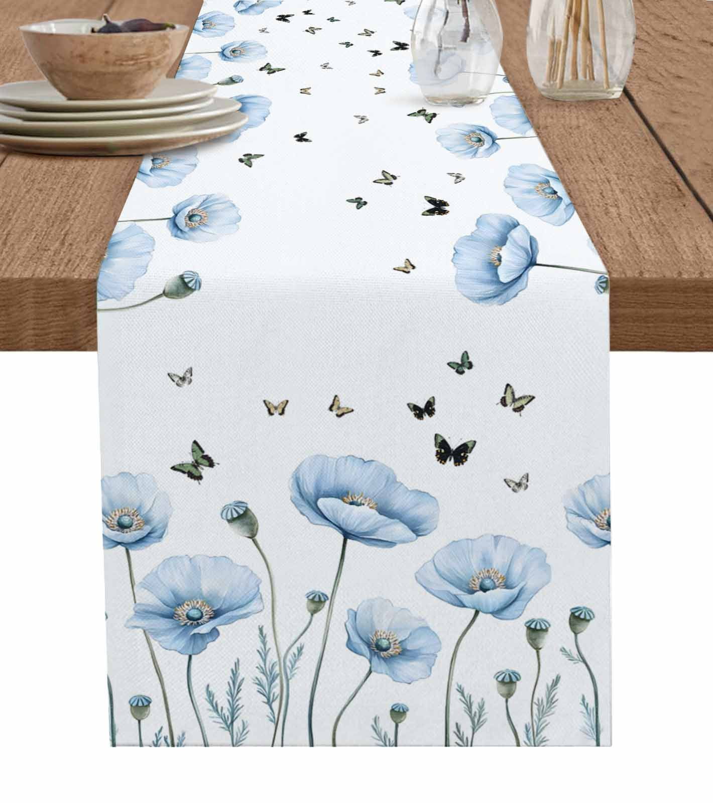 Boanket Blue Poppy Floral Table Runner - 108 Inch Long, Kitchen Dining ...