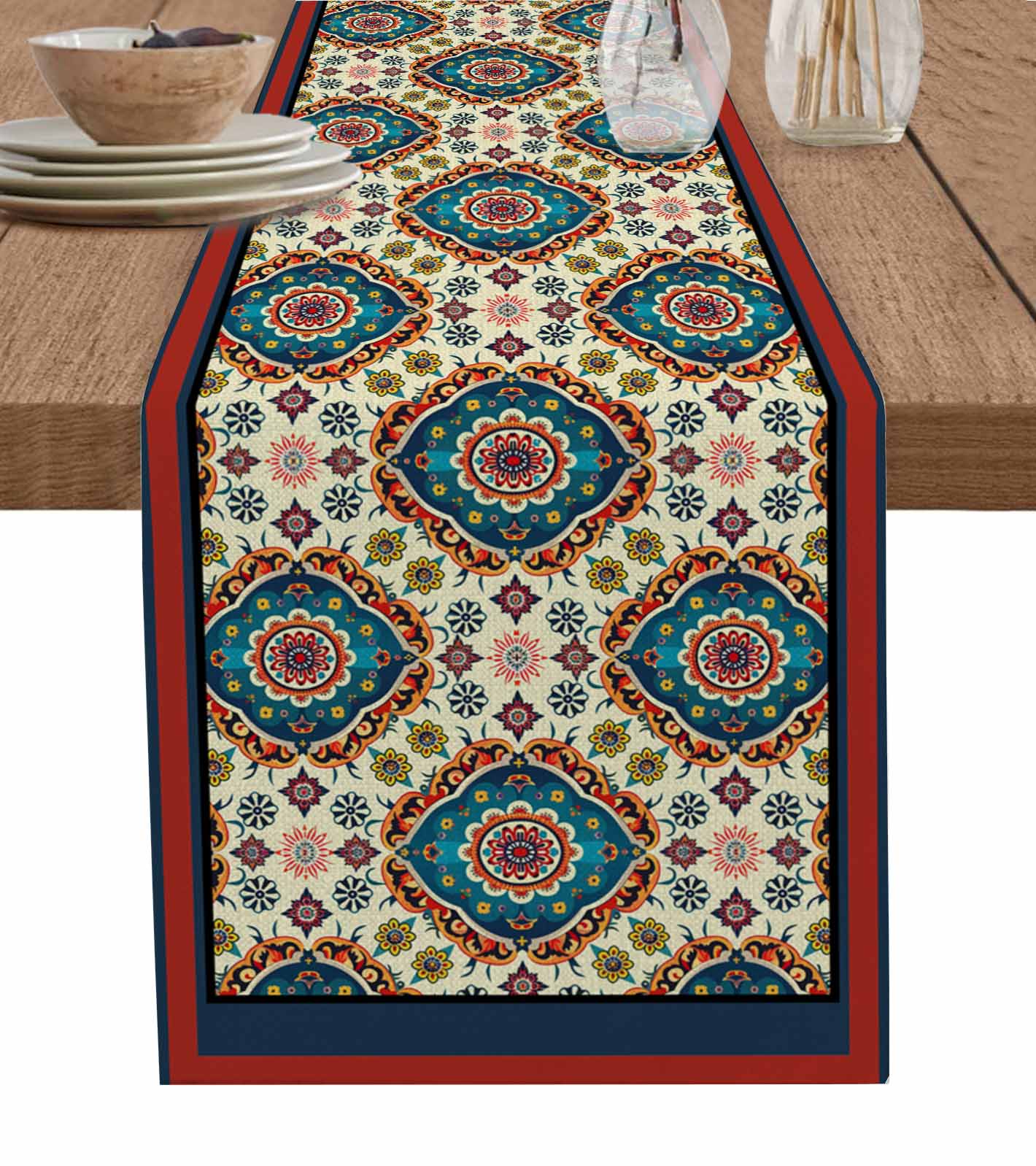 Boanket Blue Red Boho Table Runner - 90 Inch Long, Kitchen Dining Table ...