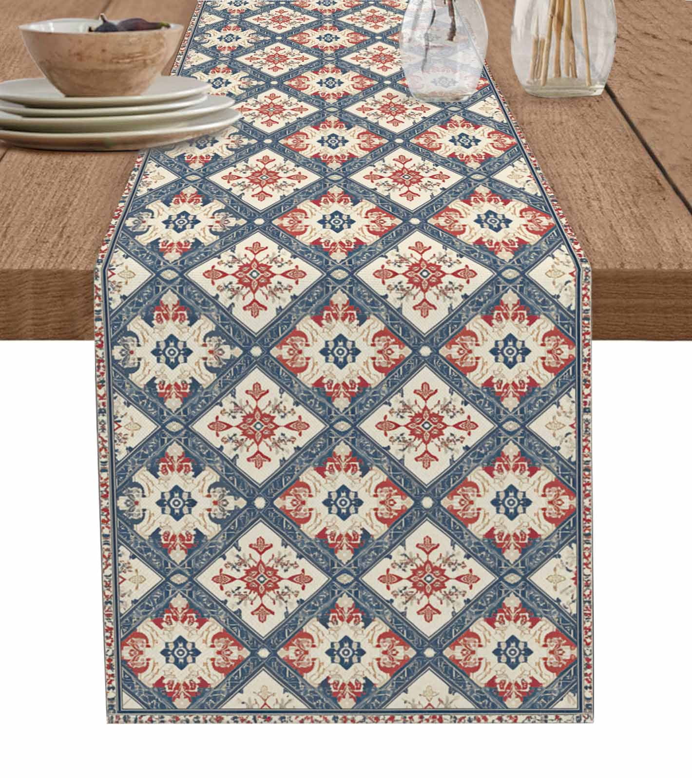 Boanket Blue Red Geometric Table Runner - 60 Inch Long, Kitchen Dining ...