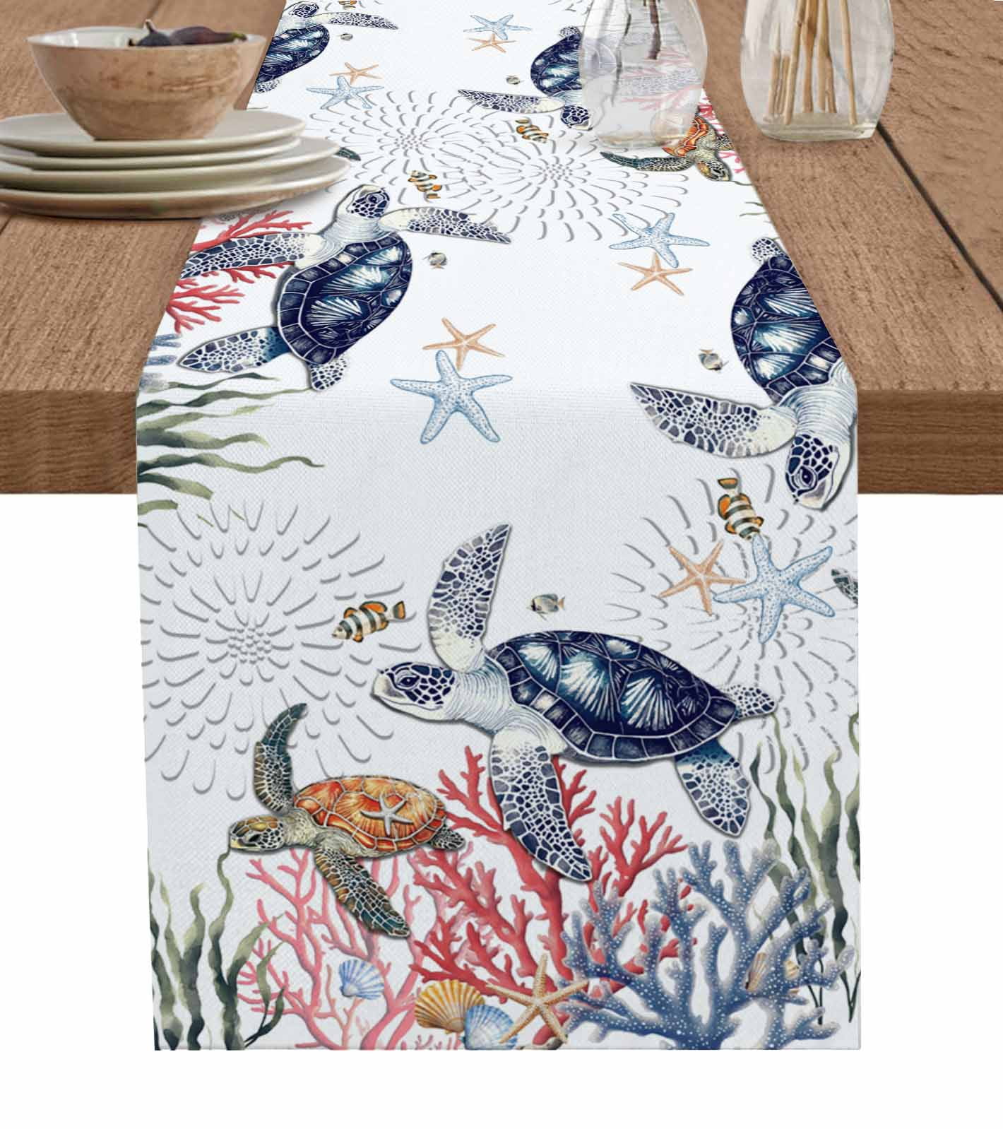 Boanket Blue Sea Turtle Coastal Table Runner - 90 Inch Long, Kitchen ...