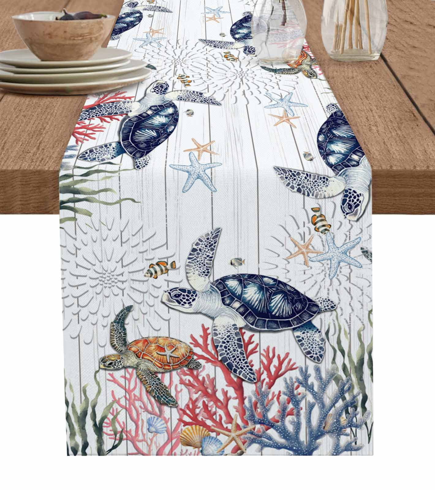 Boanket Blue Sea Turtle Coastal Table Runner - 90 Inch Long, Kitchen ...