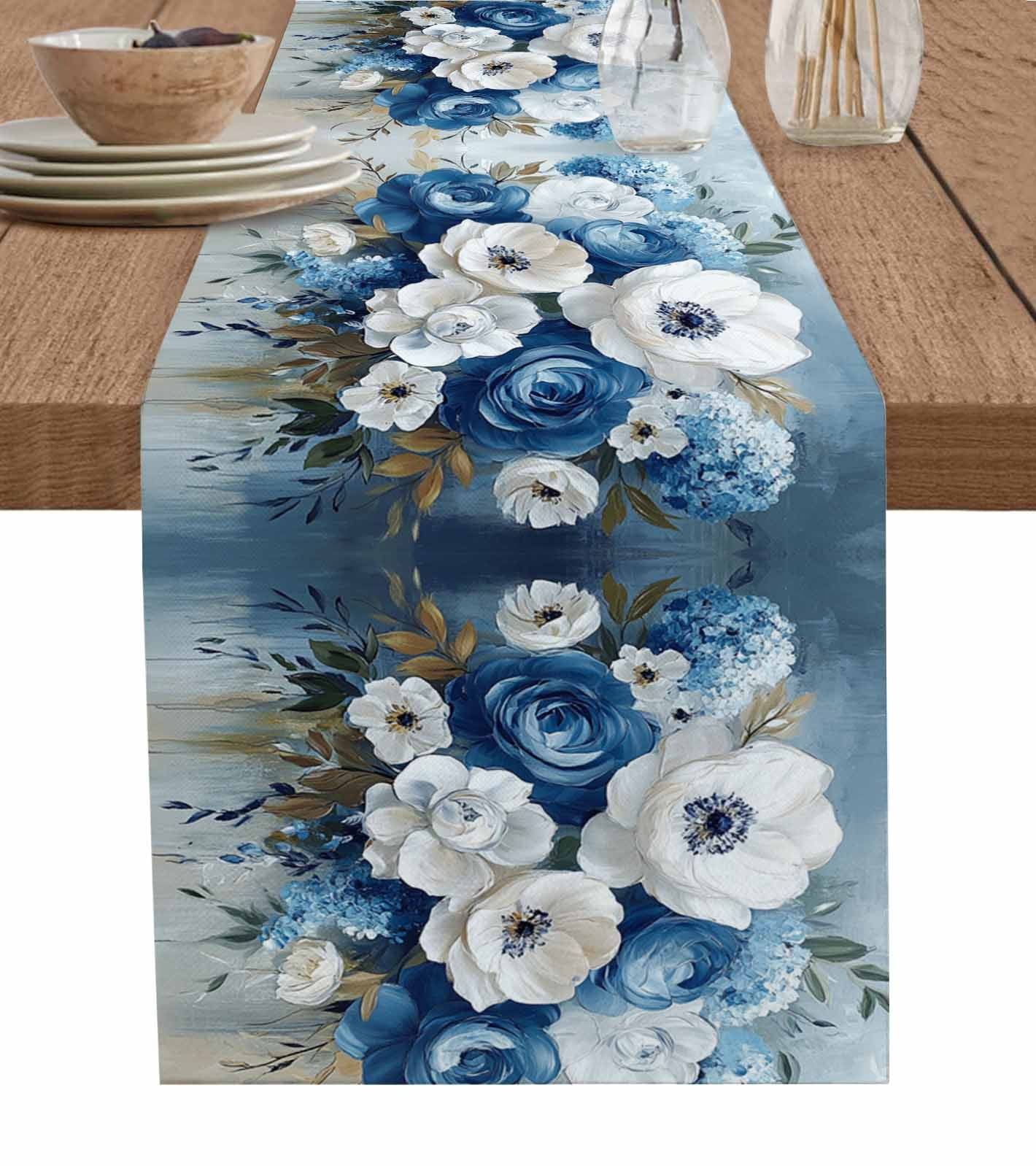 Boanket Blue Spring Floral Table Runner - 36 Inch Long, Kitchen Dining ...