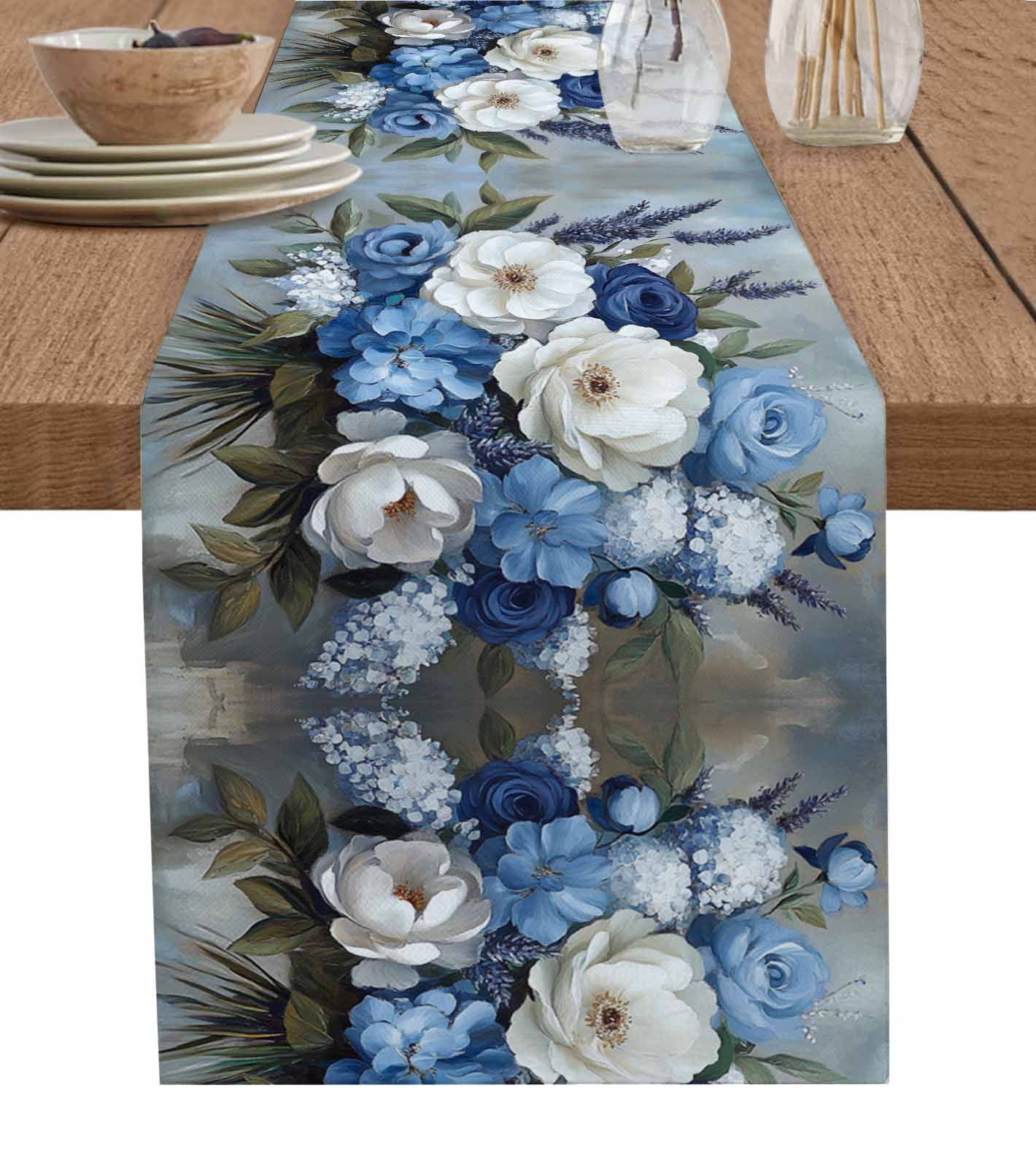 Boanket Blue Spring Floral Table Runner - 70 Inch Long, Kitchen Dining ...