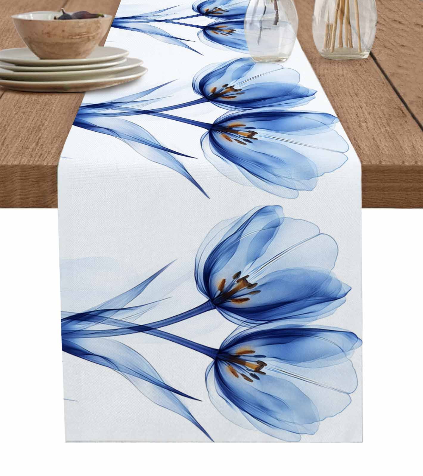 Boanket Blue Tulip Table Runner - 70 Inch Long, Kitchen Dining Table ...