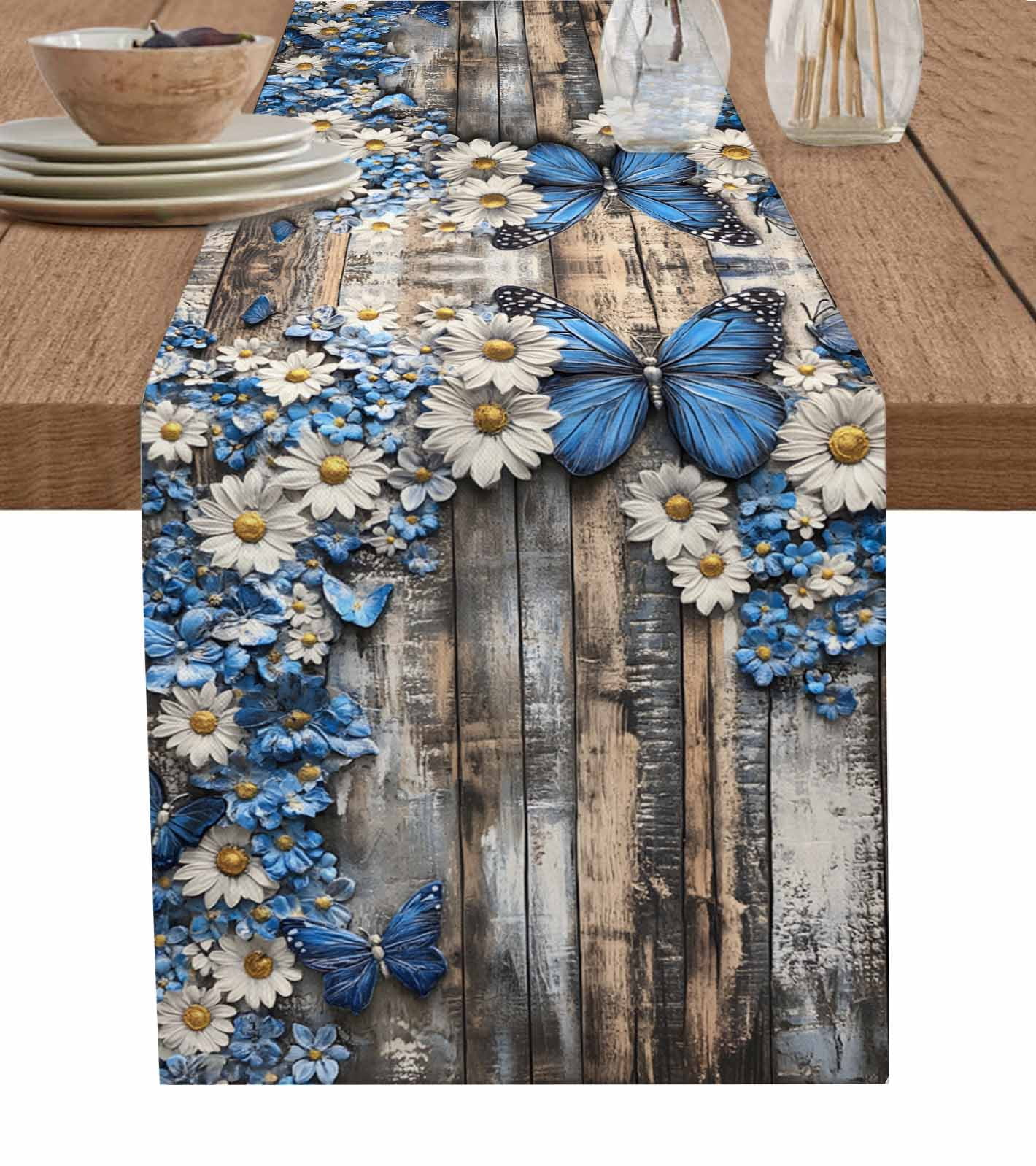 Boanket Blue White Daisy Table Runner - 120 Inch Long, Kitchen Dining ...