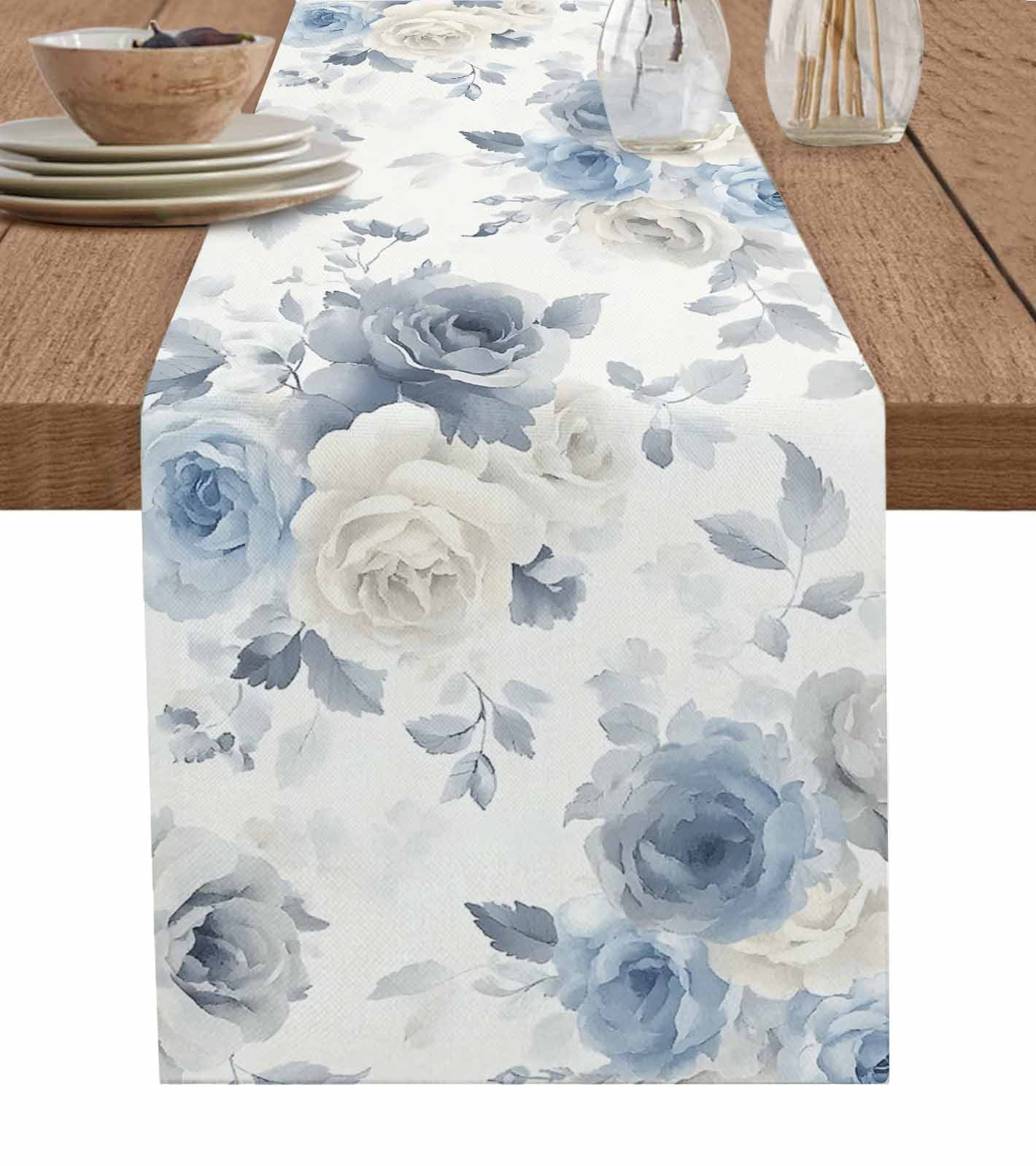 Boanket Blue White Floral Table Runner - 90 Inch Long, Kitchen Dining ...