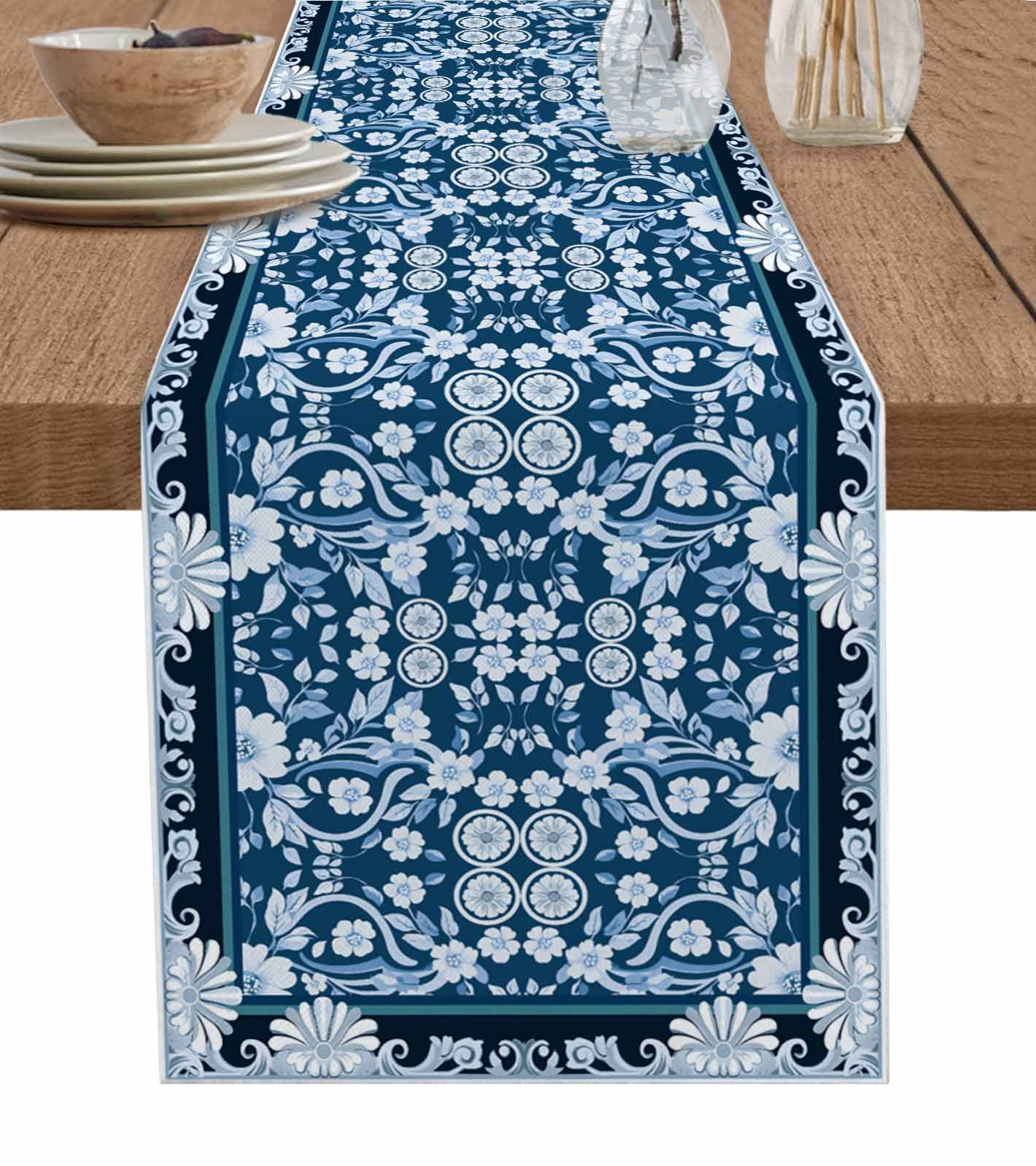 Boanket Blue White White Flowers Table Runner - 70 Inch Long, Kitchen ...