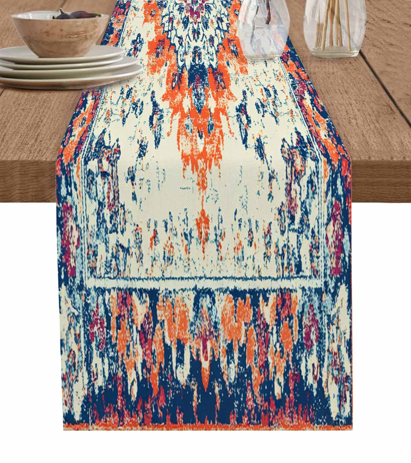Boanket Boho Orange Blue Table Runner - 90 Inch Long, Kitchen Dining ...