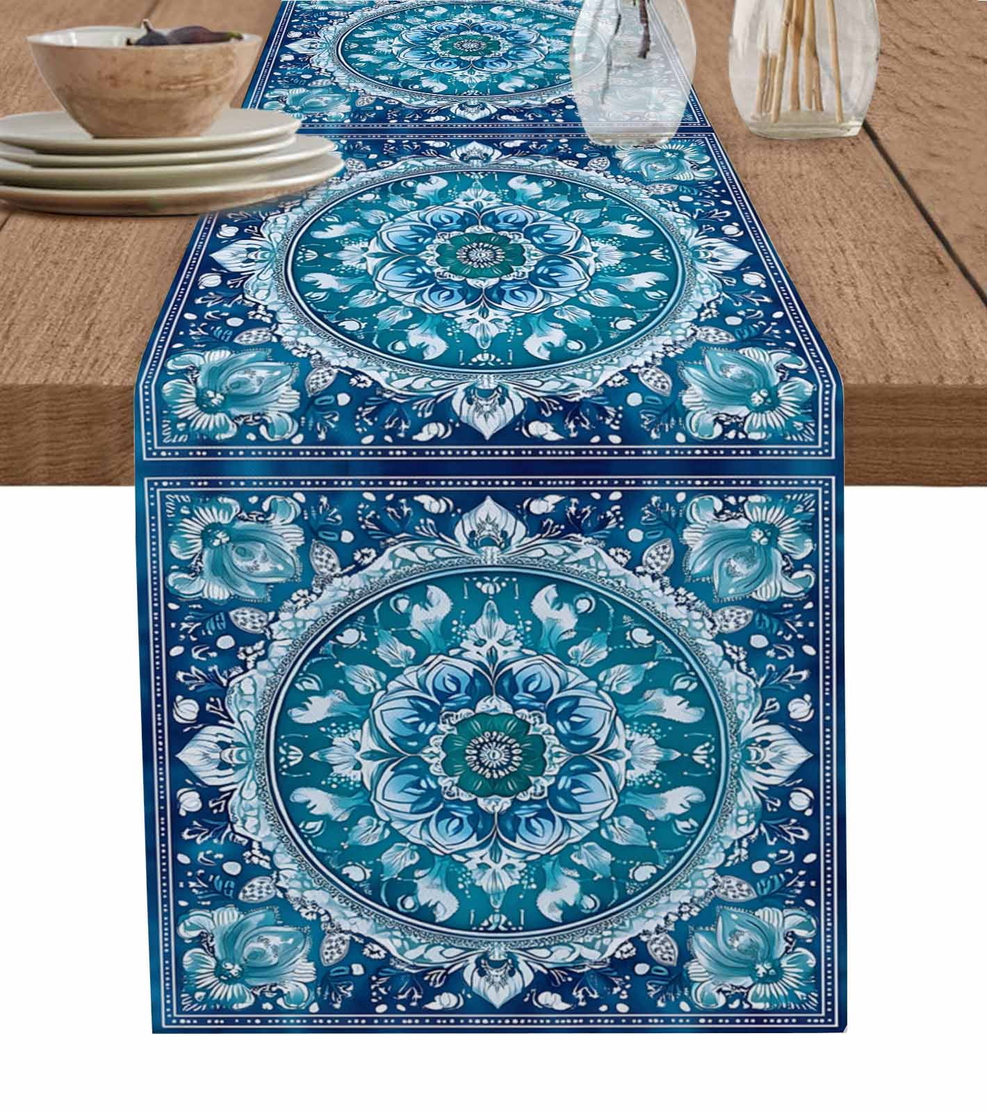 Boanket Boho Teal Blue Table Runner - 108 Inch Long, Kitchen Dining ...
