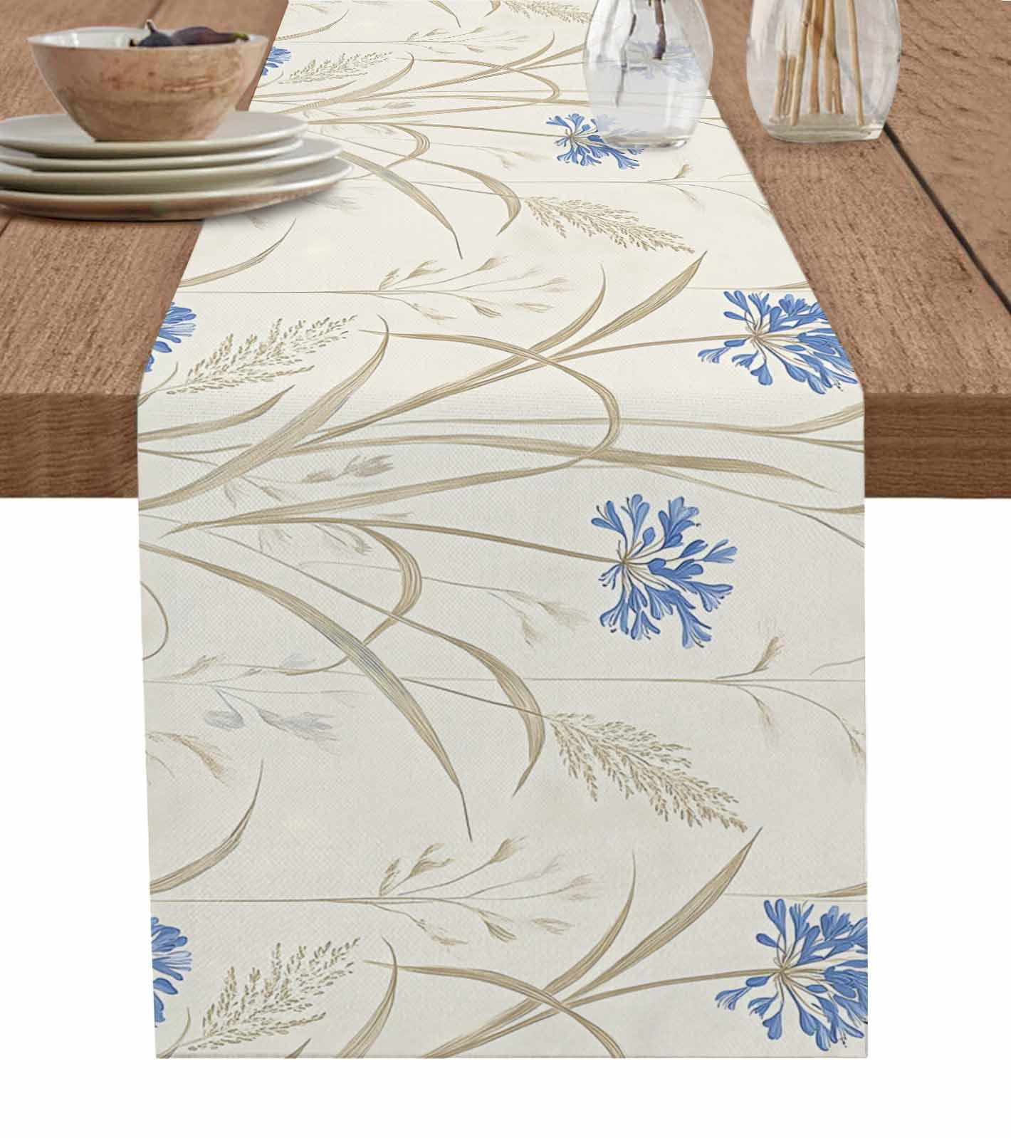 Boanket Botanical Blue Floral Table Runner - 120 Inch Long, Kitchen ...