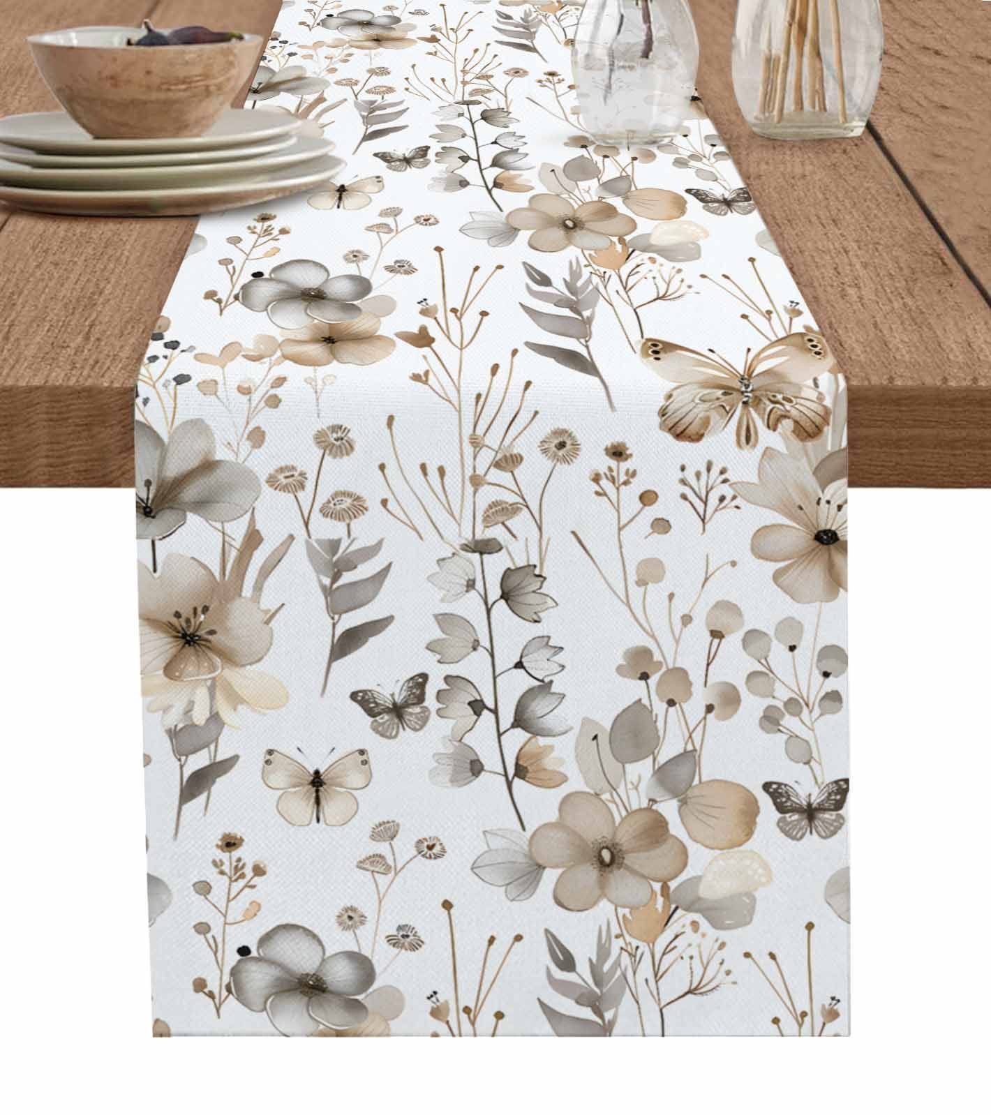 Boanket Brown Grey Floral Spring Table Runner - 90 Inch Long, Kitchen ...