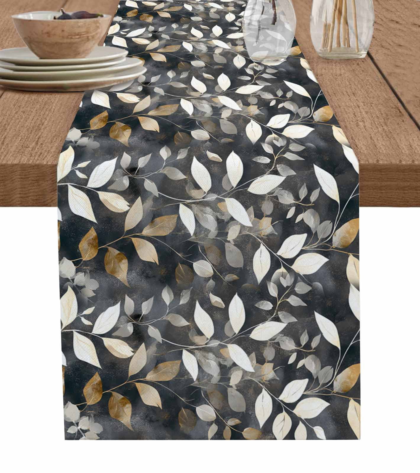 Boanket Brown White Leaves Table Runner - 70 Inch Long, Kitchen Dining ...