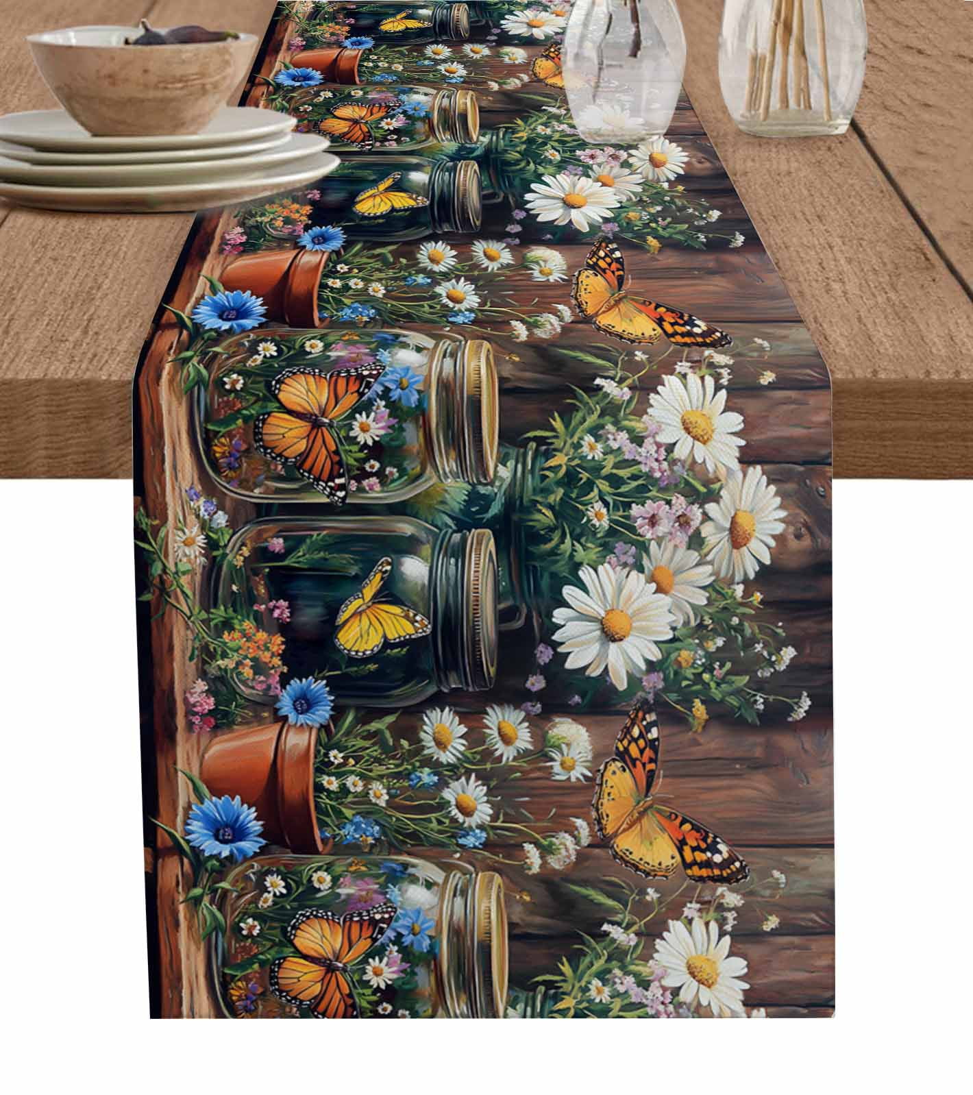 Boanket Butterfly Floral Table Runner - 60 Inch Long, Kitchen Dining Table Runner Dresser ...