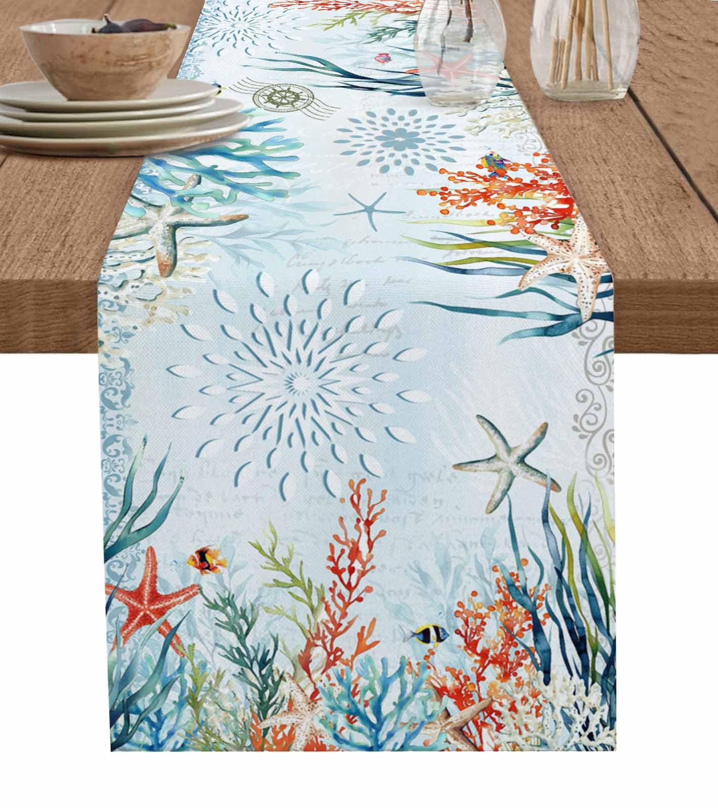 Boanket Coastal Blue Table Runner - 70 Inch Long, Kitchen Dining Table ...