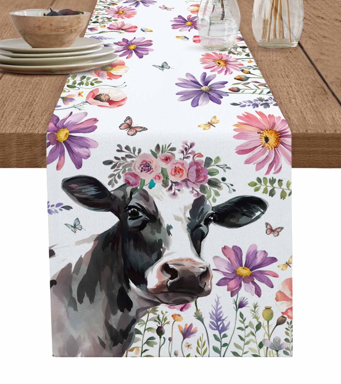 Boanket Cow Flower Table Runner - 48 Inch Long, Kitchen Dining Table ...