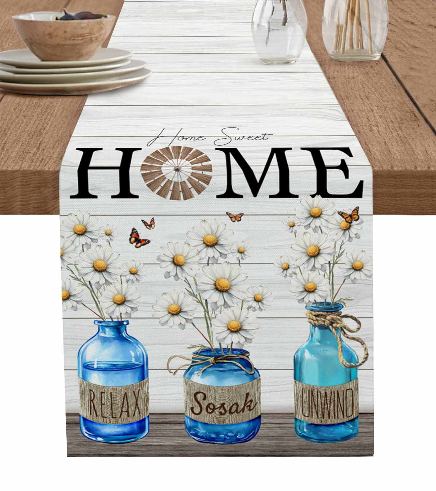 Boanket Farmhouse Daisy Table Runner - 48 Inch Long, Kitchen Dining Table Runner Dresser Scarves ...